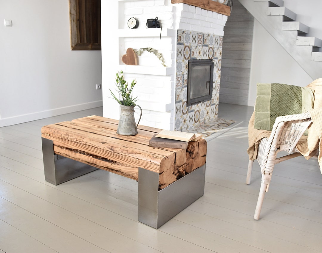 Old Beams Coffee Table Silver Steel Thick Legs Rustic Style Organic ...