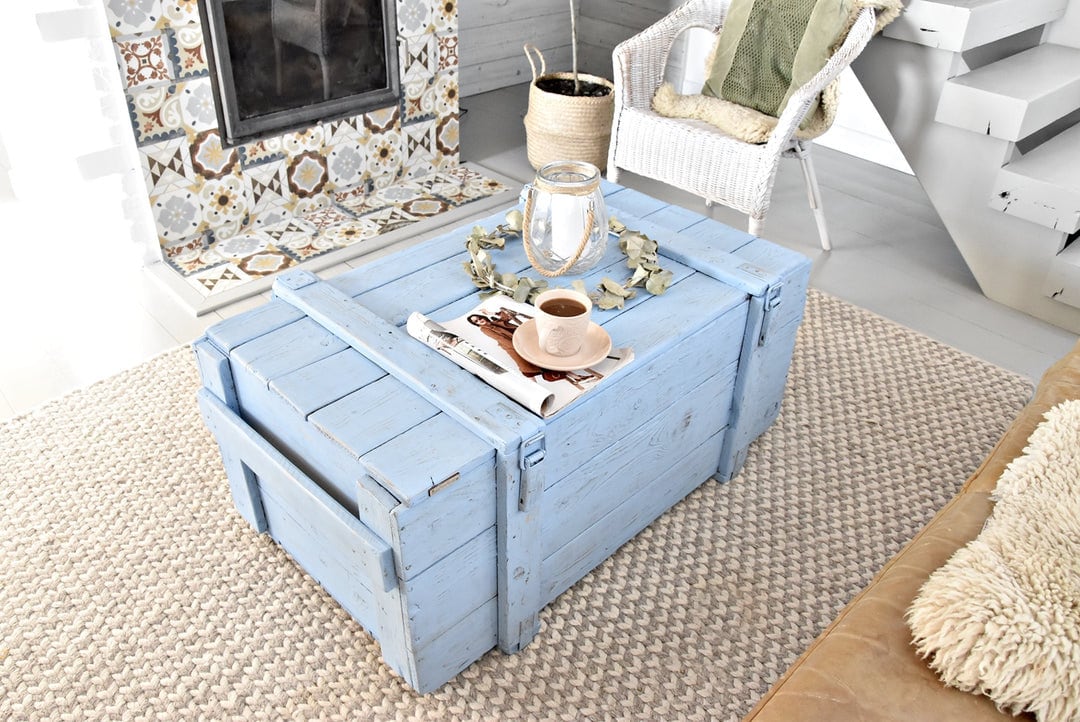Old Pastel Blue Chest Army Box Coffee Table Rustic Chic Style Organic ...
