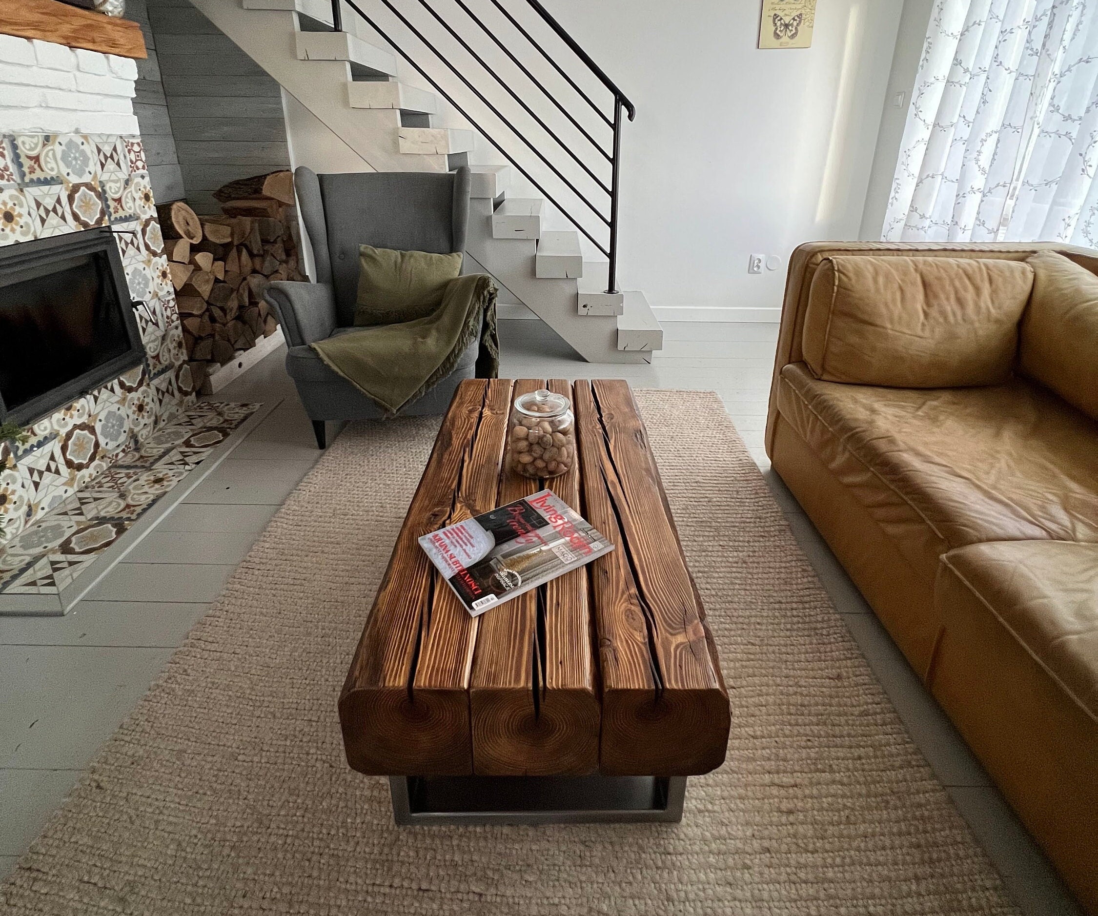 Old Beams Coffee Table Silver Legs Rustic Style Organic Barn Wood Reclaimed Soli Wood Steel Legs ...