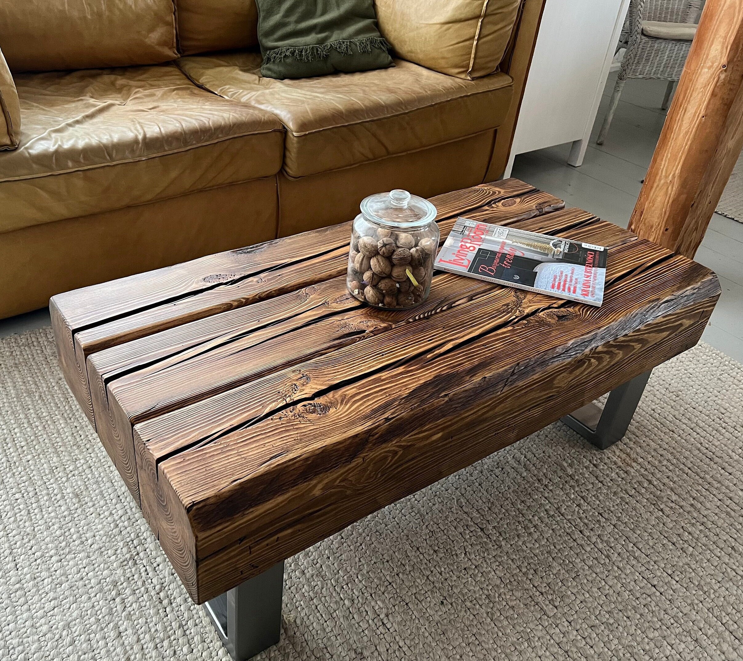 Old Beams Coffee Table Silver Legs Rustic Loft Style Organic Barn Wood Reclaimed Solid Wood ...