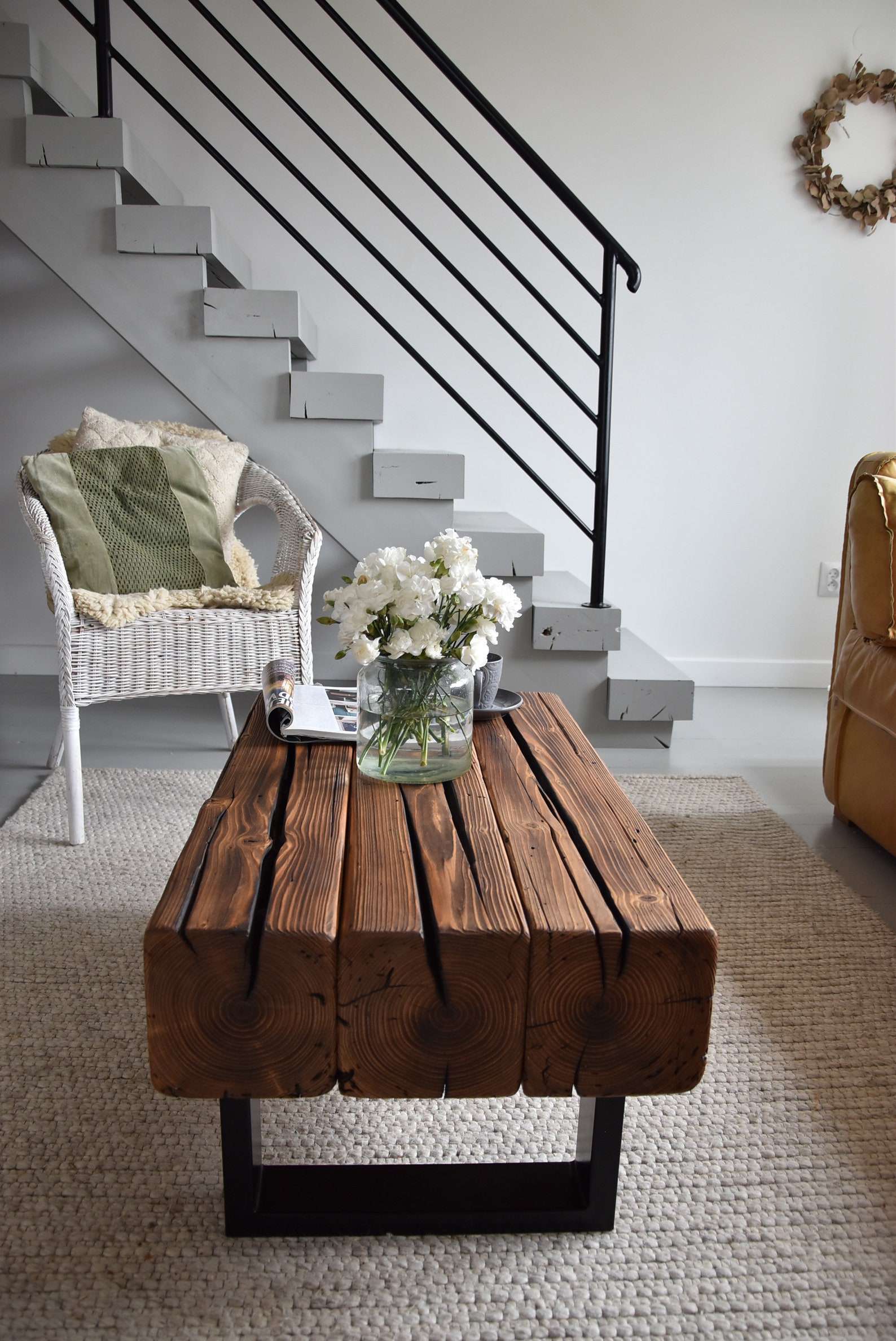 Old Beams Coffee Table, Black Metal Legs. Rustic Style Organic Barn ...
