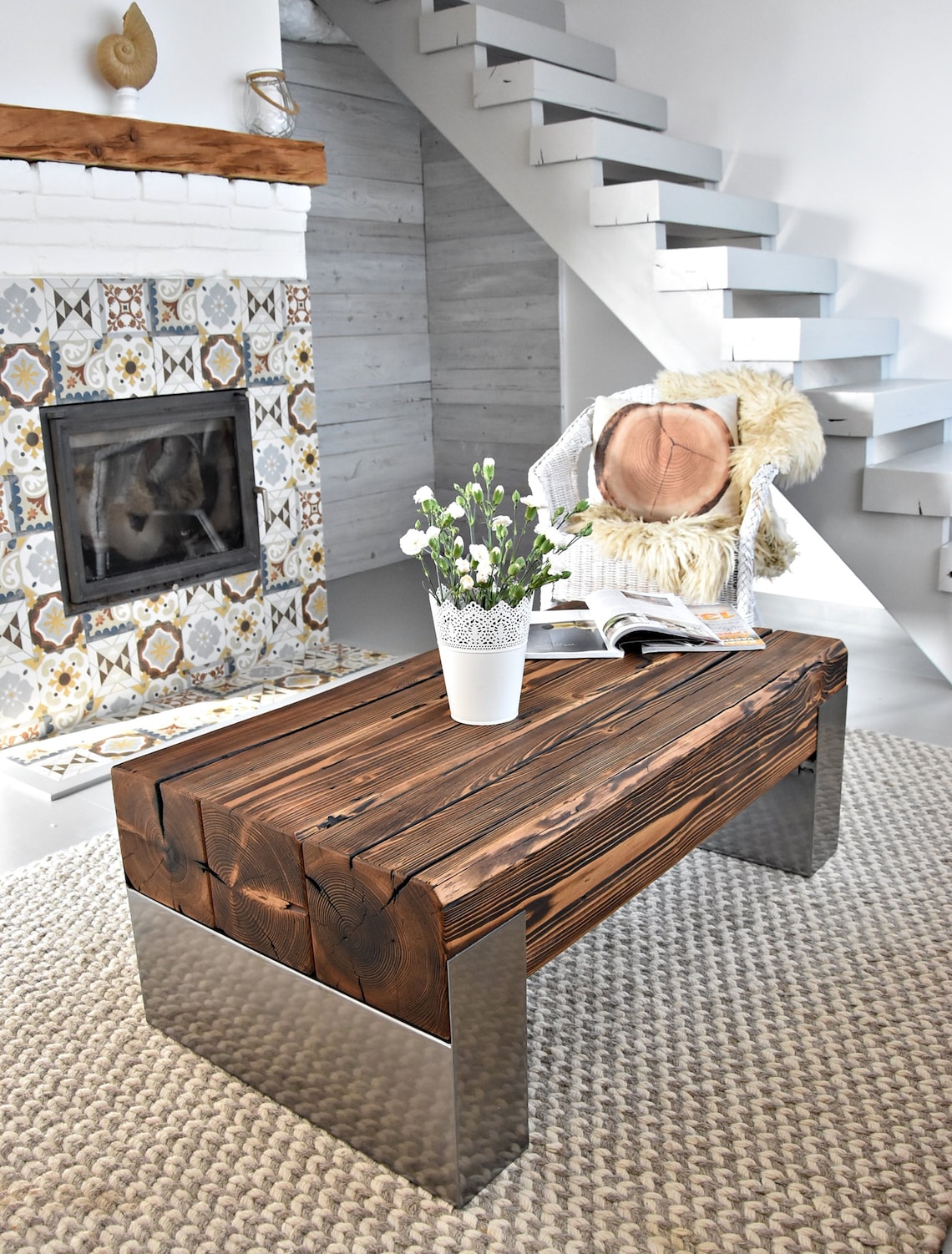 Old Beams Coffee Table Silver Legs Rustic Style Organic Barn Wood ...