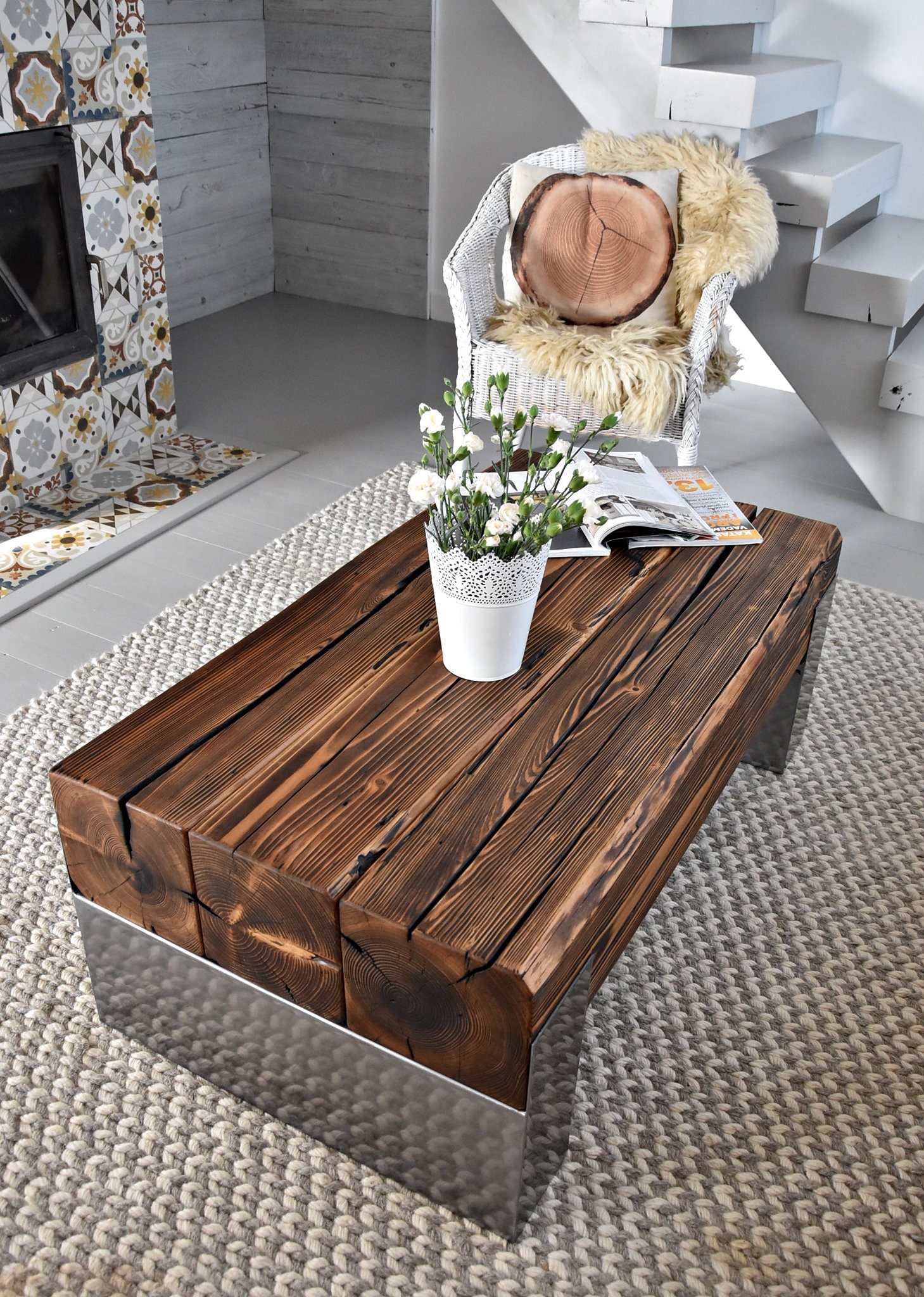 Old Beams Coffee Table Silver Legs Rustic Style Organic Barn Wood ...
