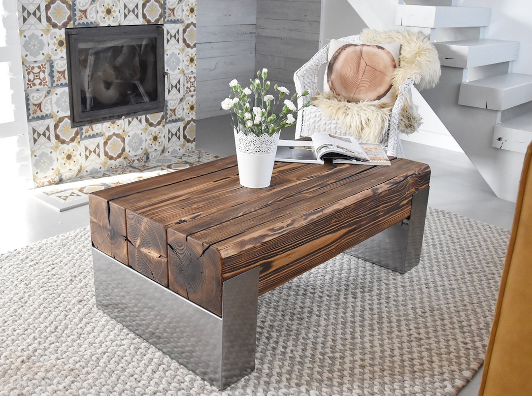Old Beams Coffee Table Silver Legs Rustic Style Organic Barn Wood Reclaimed Solid Wood Steel ...