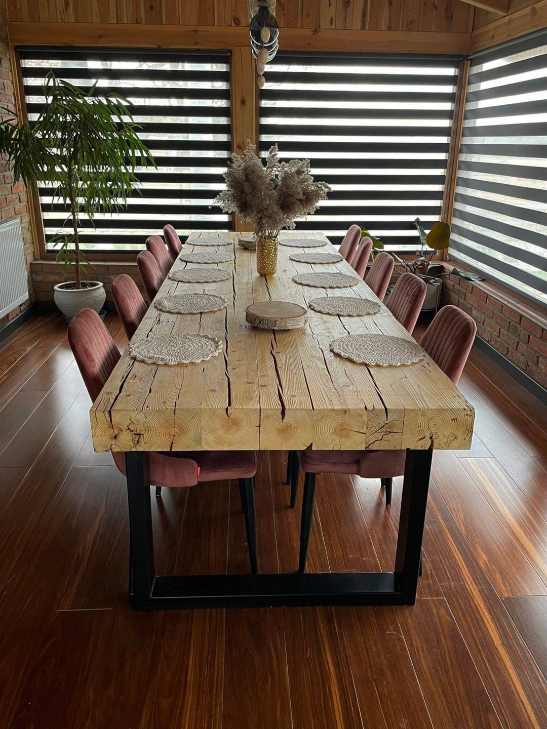 Reclaimed Beams Dining Table. Black Legs Rustic Style Organic Barn Wood ...