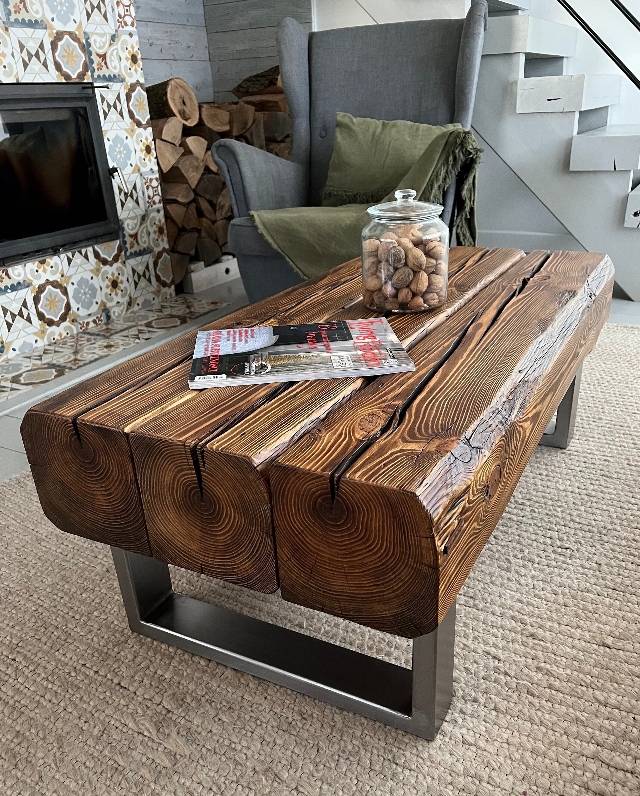 Old Beams Coffee Table Silver Legs Rustic Style Organic Barn Wood Reclaimed Soli Wood Steel Legs ...