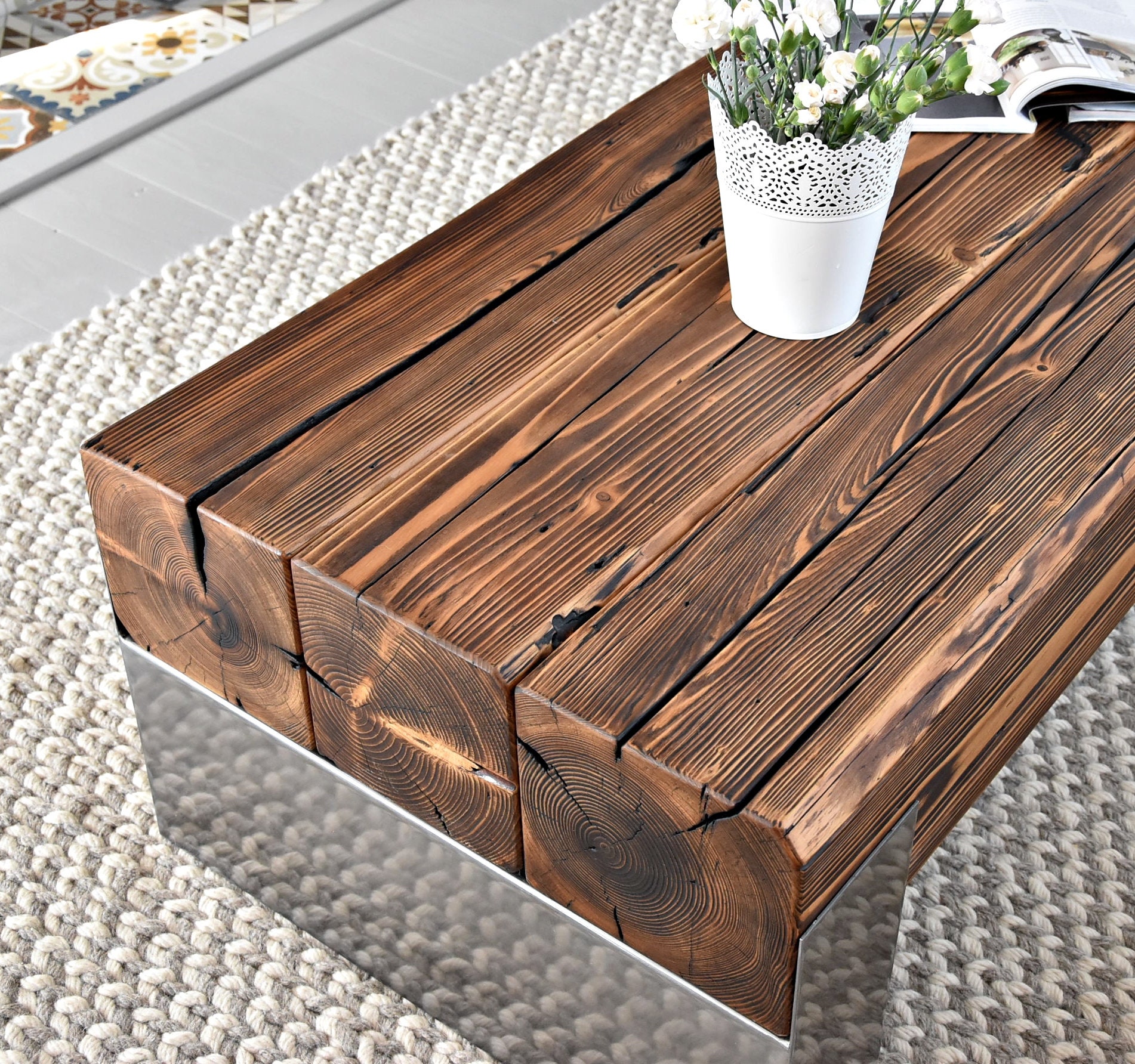 Old Beams Coffee Table Silver Legs Rustic Style Organic Barn Wood ...