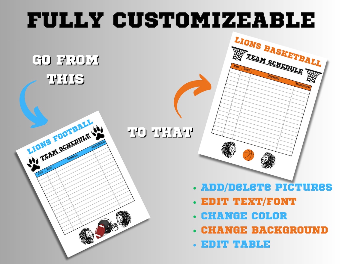 Editable Sports Team Game Schedule and Team Roster Printable Template ...