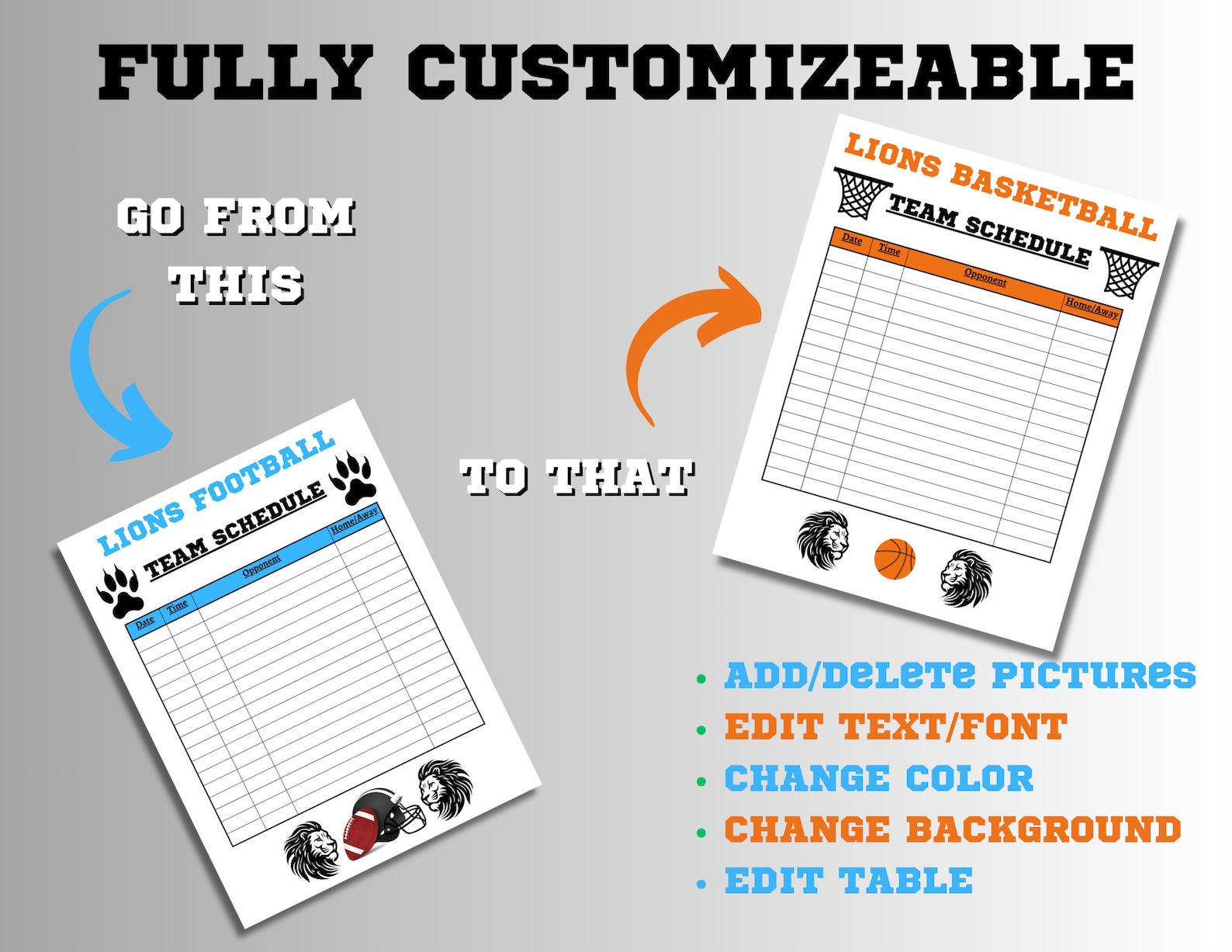 Editable Sports Team Game Schedule and Team Roster Printable Template ...