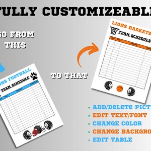 Editable Sports Team Game Schedule and Team Roster Printable Template ...