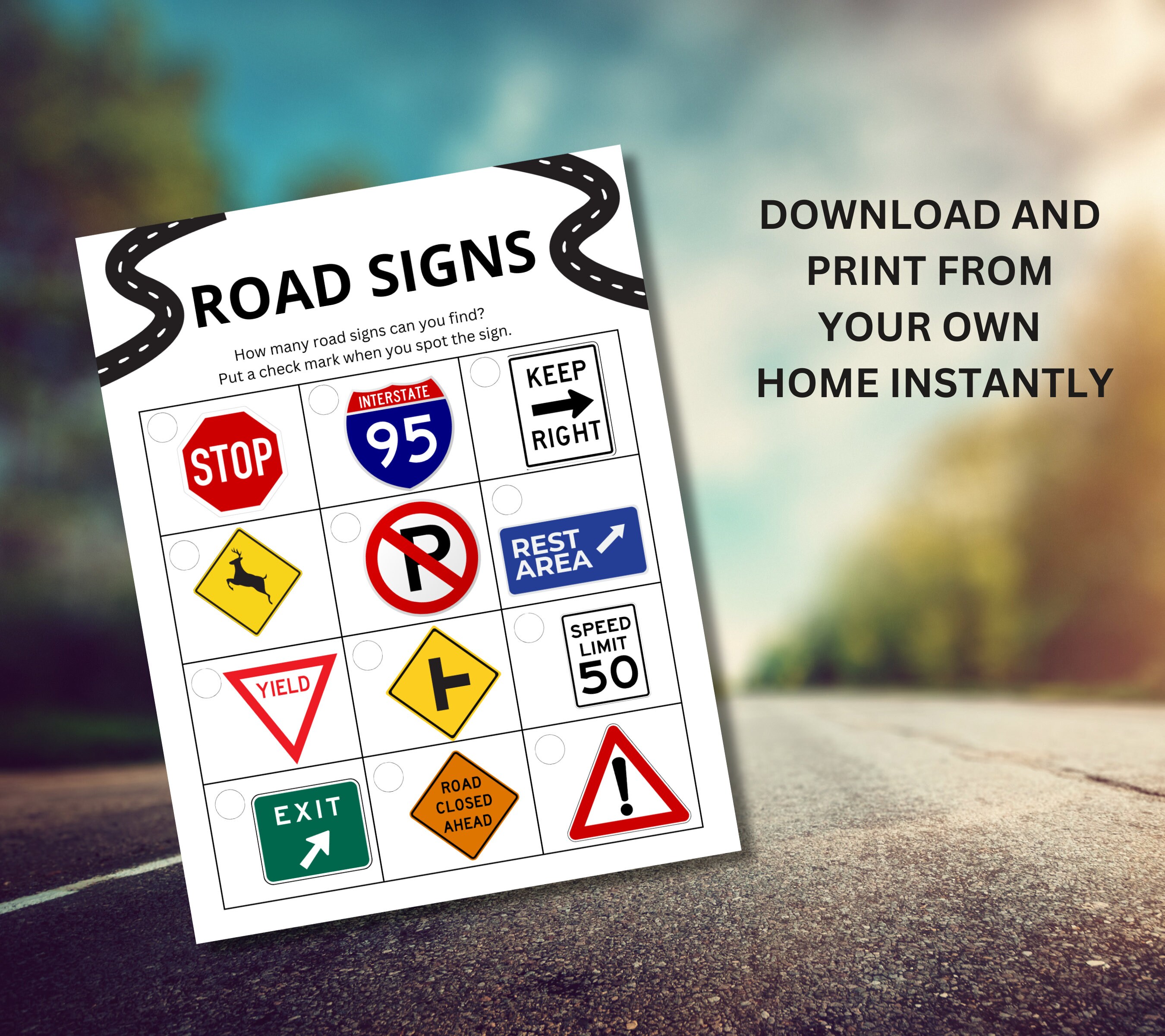 Road Trip Game. Printable Road Trip Games. Road Sign Game. Printable ...