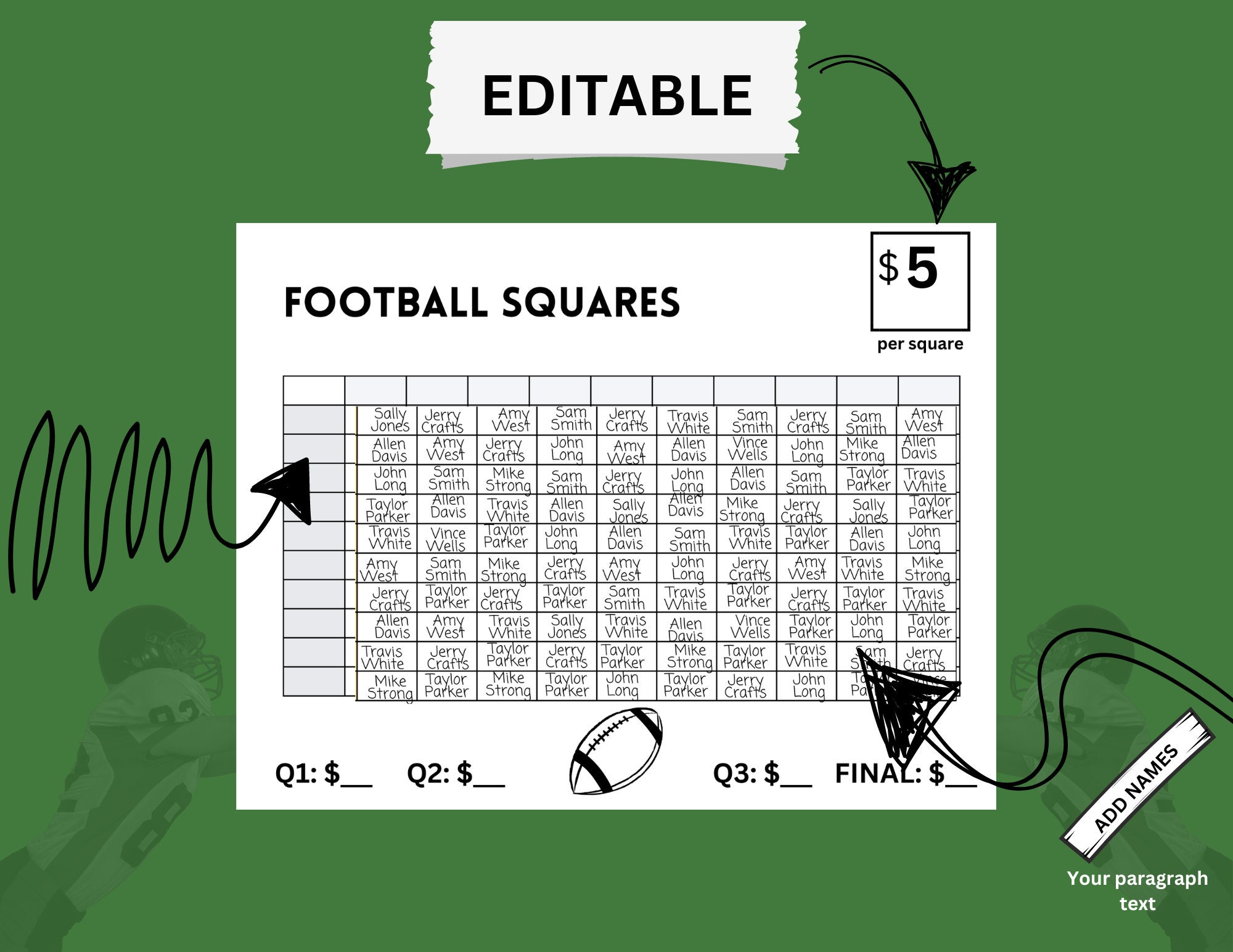 Fully Editable Printable Football Squares, Football Square Grid ...