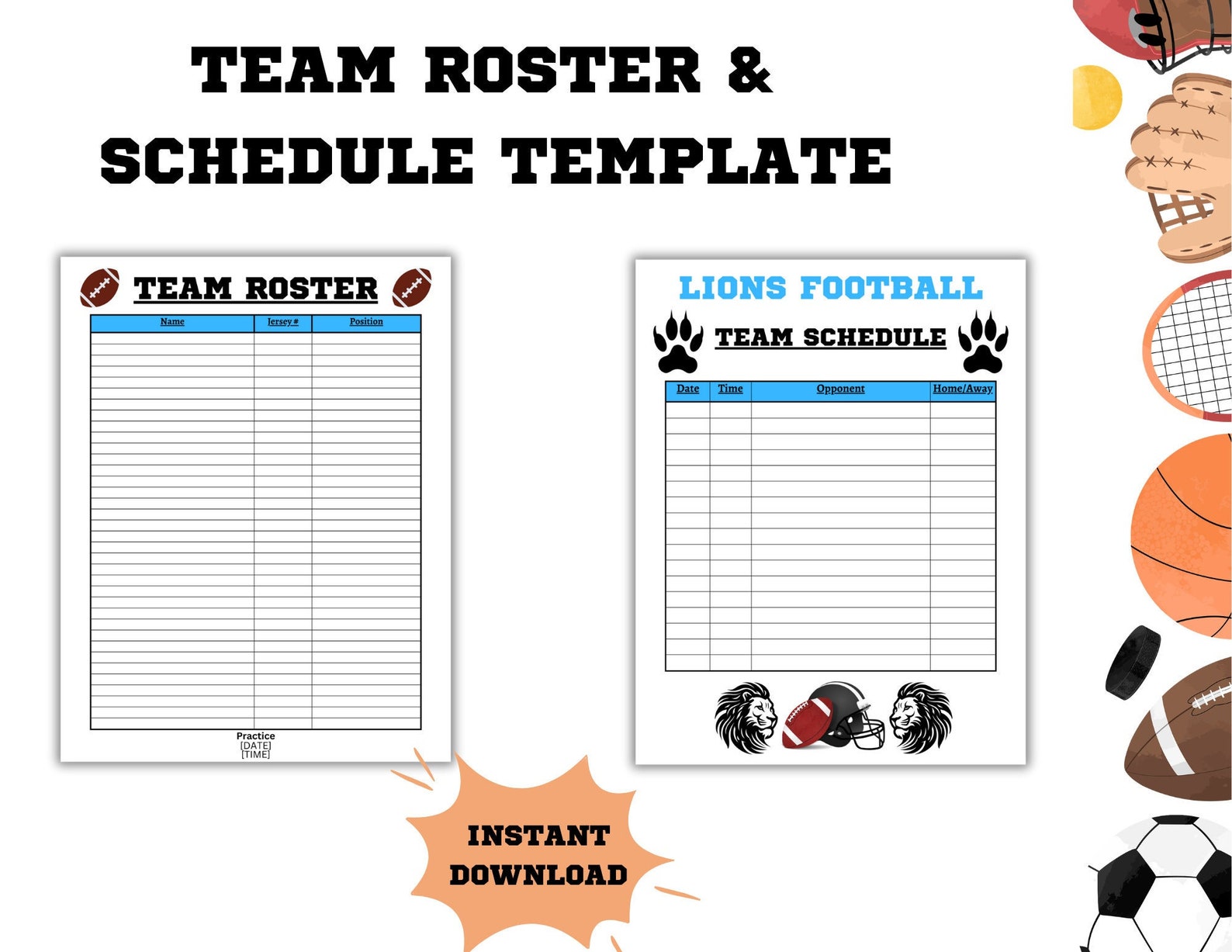 Editable Sports Team Game Schedule and Team Roster Printable Template ...