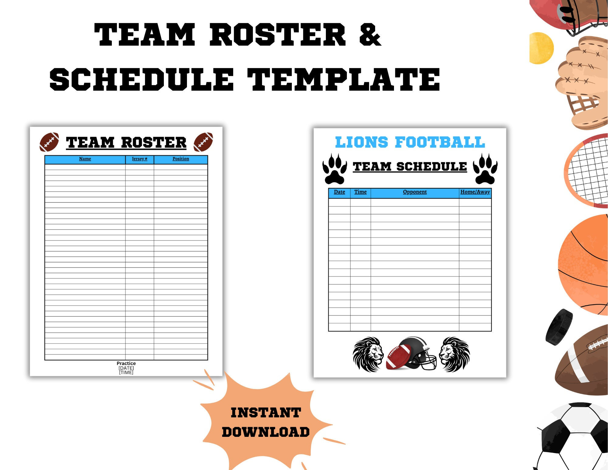 Editable Sports Team Game Schedule and Team Roster Printable Template ...