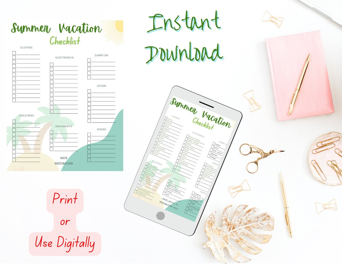 VACATION CHECKLIST - Travel Packing Checklist - Editable Packing ...