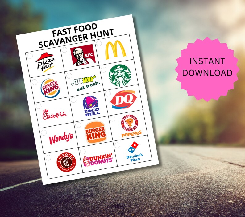 Road Trip Game. Printable Road Trip Games. Fast Food Scavenger Hunt ...