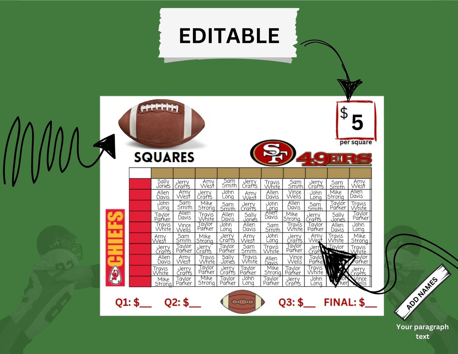 SUPERBOWL FOOTBALL SQUARES Fully Editable Printable Football Squares ...