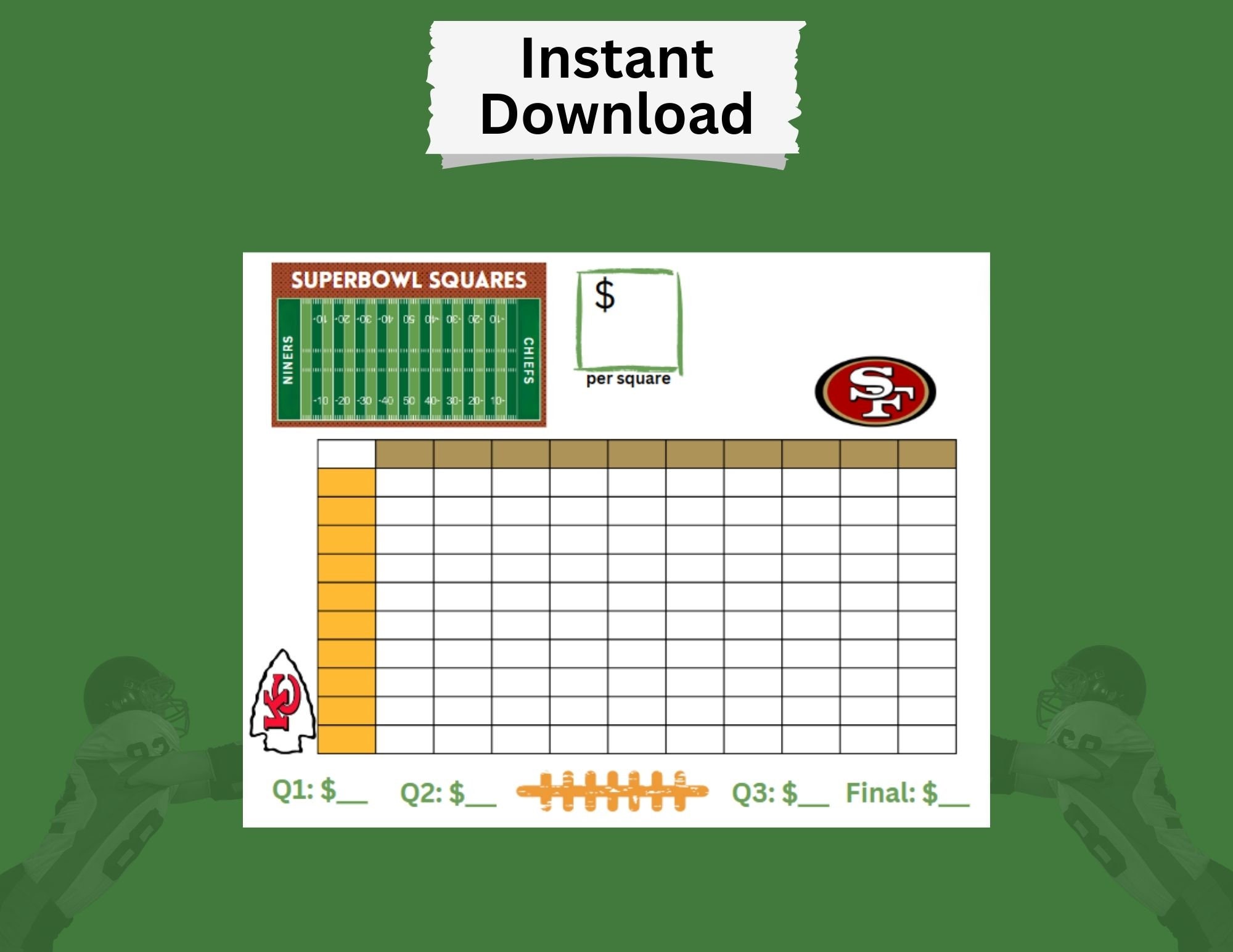 SUPERBOWL FOOTBALL SQUARES Fully Editable Printable Football Squares ...