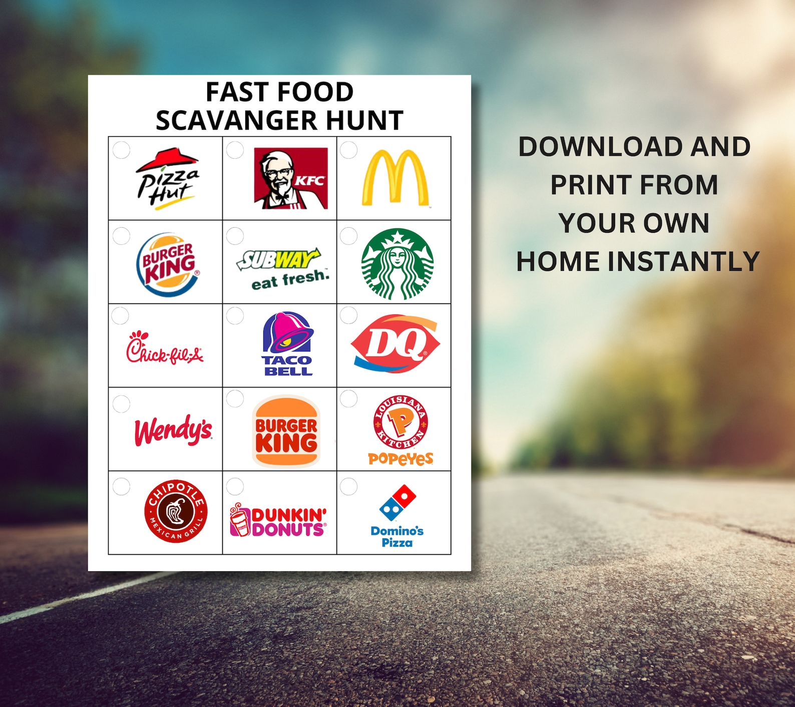 Road Trip Game. Printable Road Trip Games. Fast Food Scavenger Hunt ...