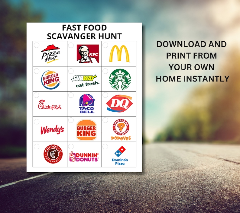 Road Trip Game. Printable Road Trip Games. Fast Food Scavenger Hunt ...