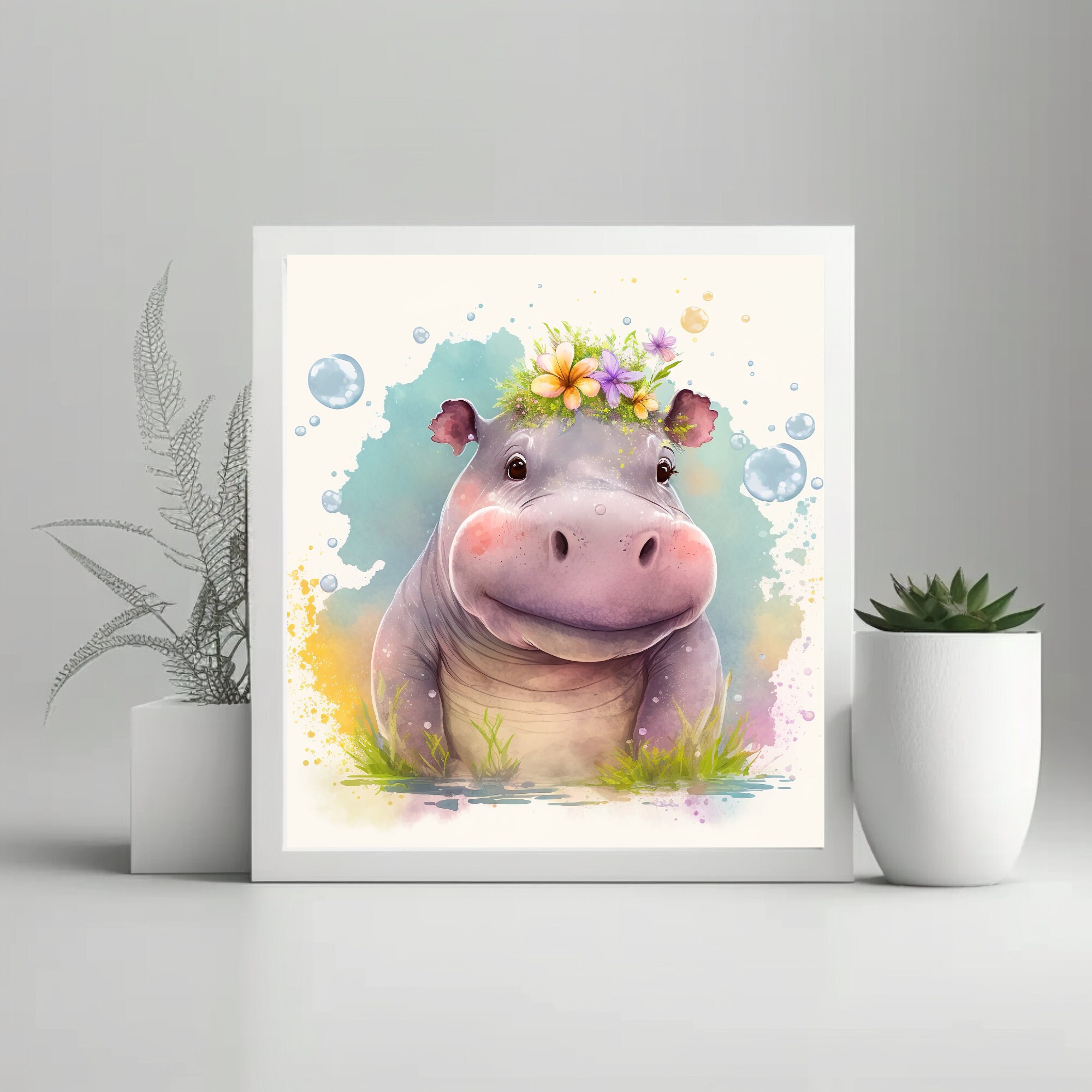 Hippo Watercolor Clipart Nursery Decor Baby Hippo Watercolor Cute Baby ...