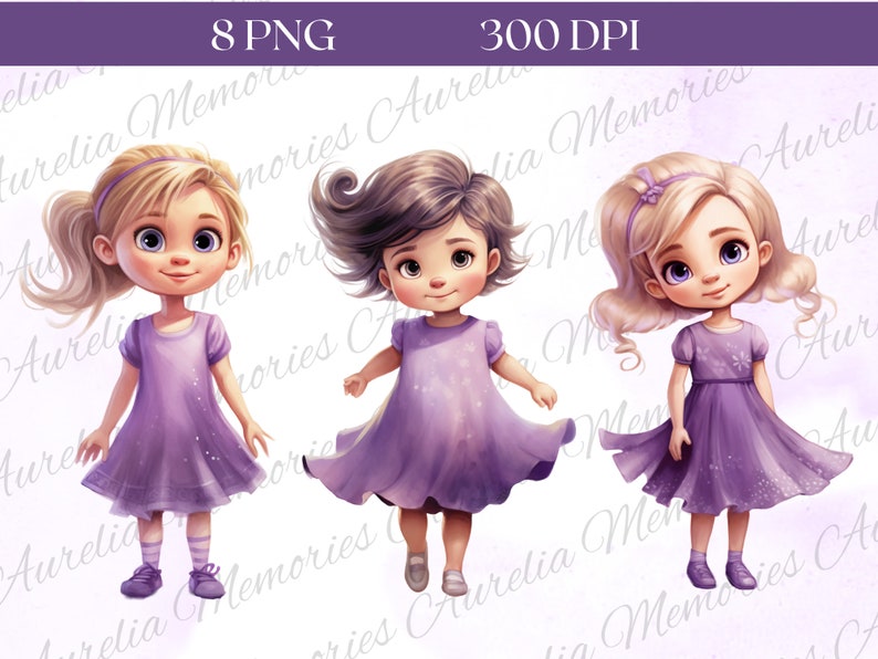 Cute Little Girls Clipart 8 PNG Files Watercolor Girl With Purple Dress ...