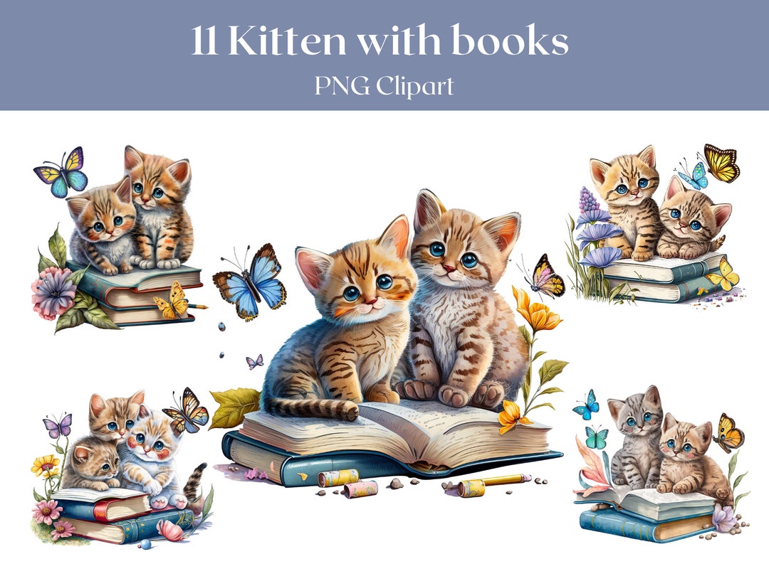 Kitten With Stack of Books Watercolor Clipart 11 PNG Files Cute Cats ...