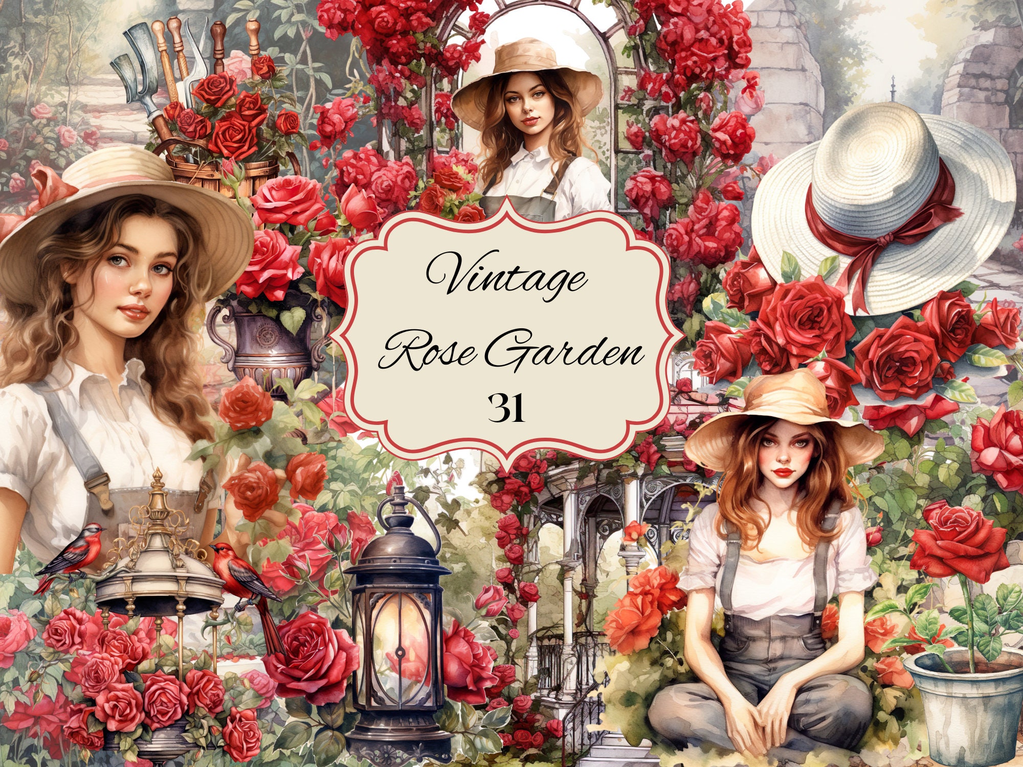 Vintage Rose Garden Clipart Watercolor 31 PNG Files Red Roses ...