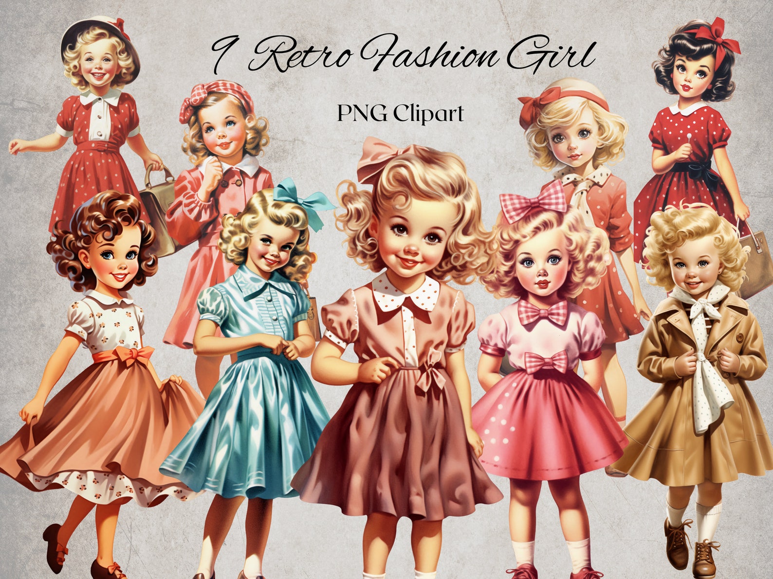 Retro Little Girls Clipart Watercolor 9 PNG Files Vintage Girls Clipart ...