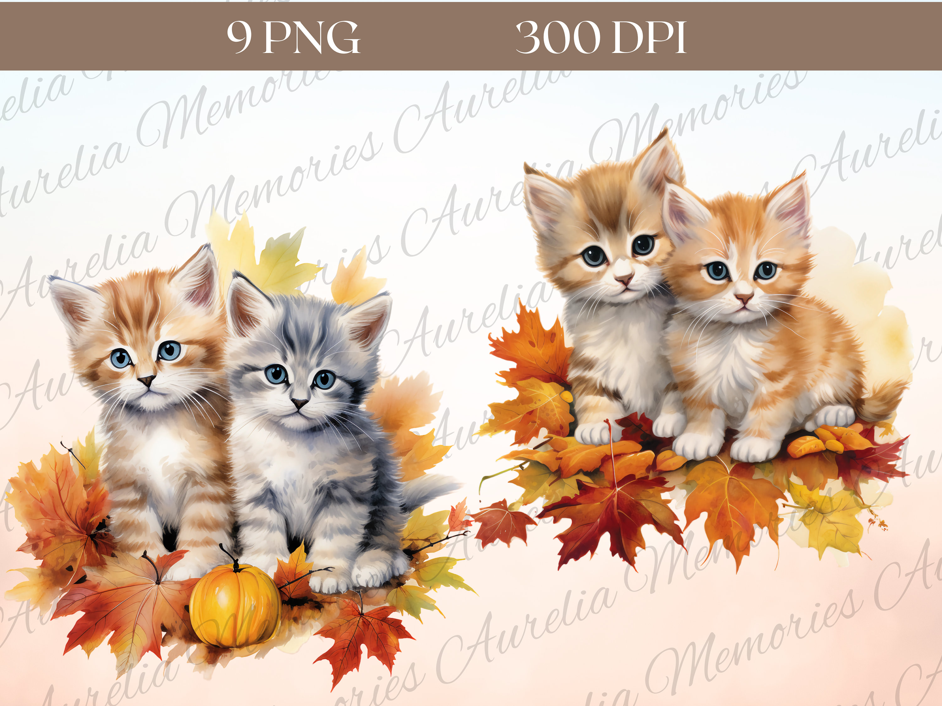 Watercolor Fall Cat Clipart 9 PNG Files Fall Cat Clipart Kitten With ...