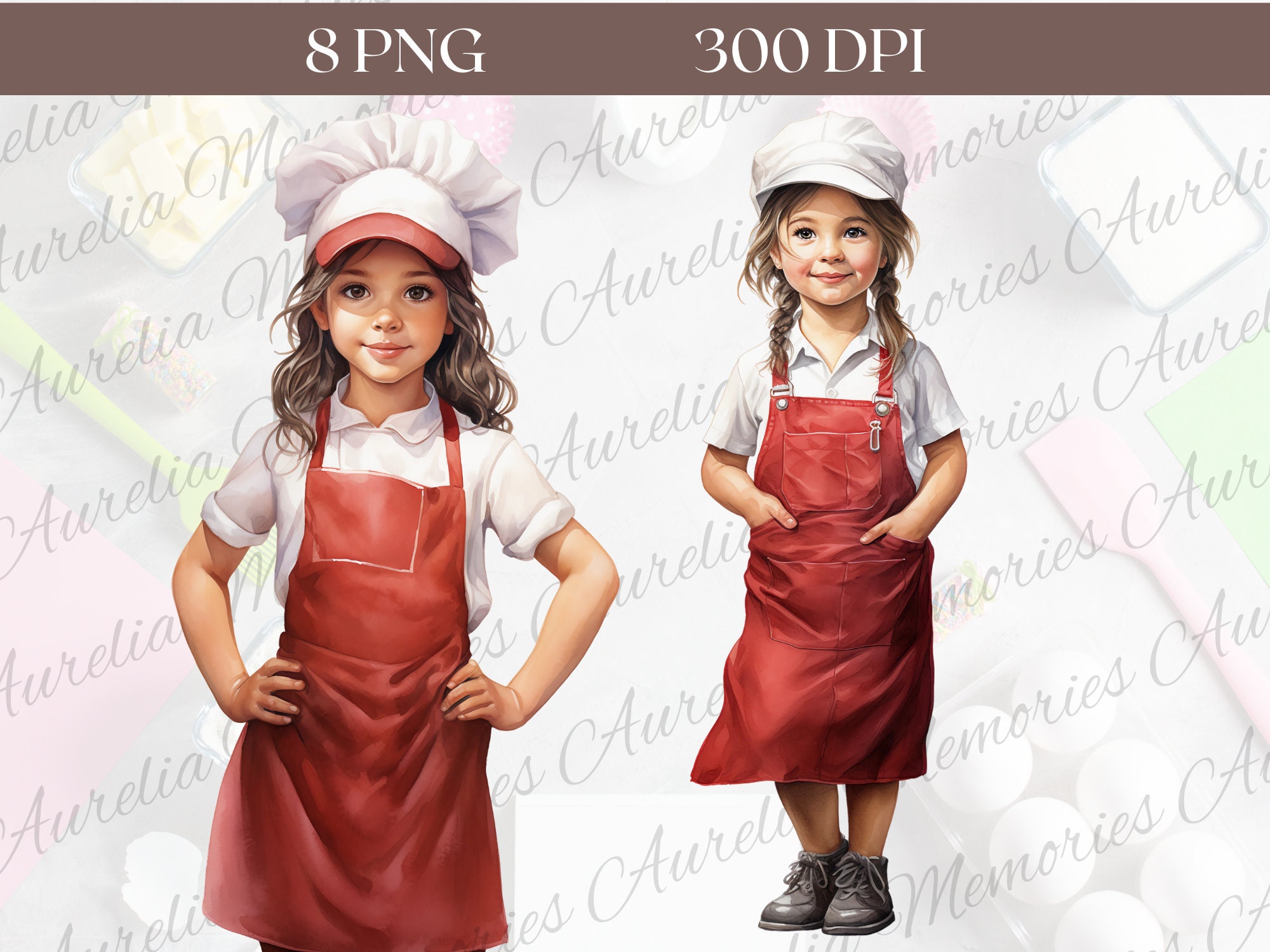 Cute Little Chef Clipart 8 PNG Files Watercolor Chef Girl Wearing Red ...
