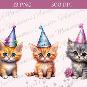 Watercolor Party Cats Clipart 13 PNG Files Birthday Clipart Cat Wearing ...