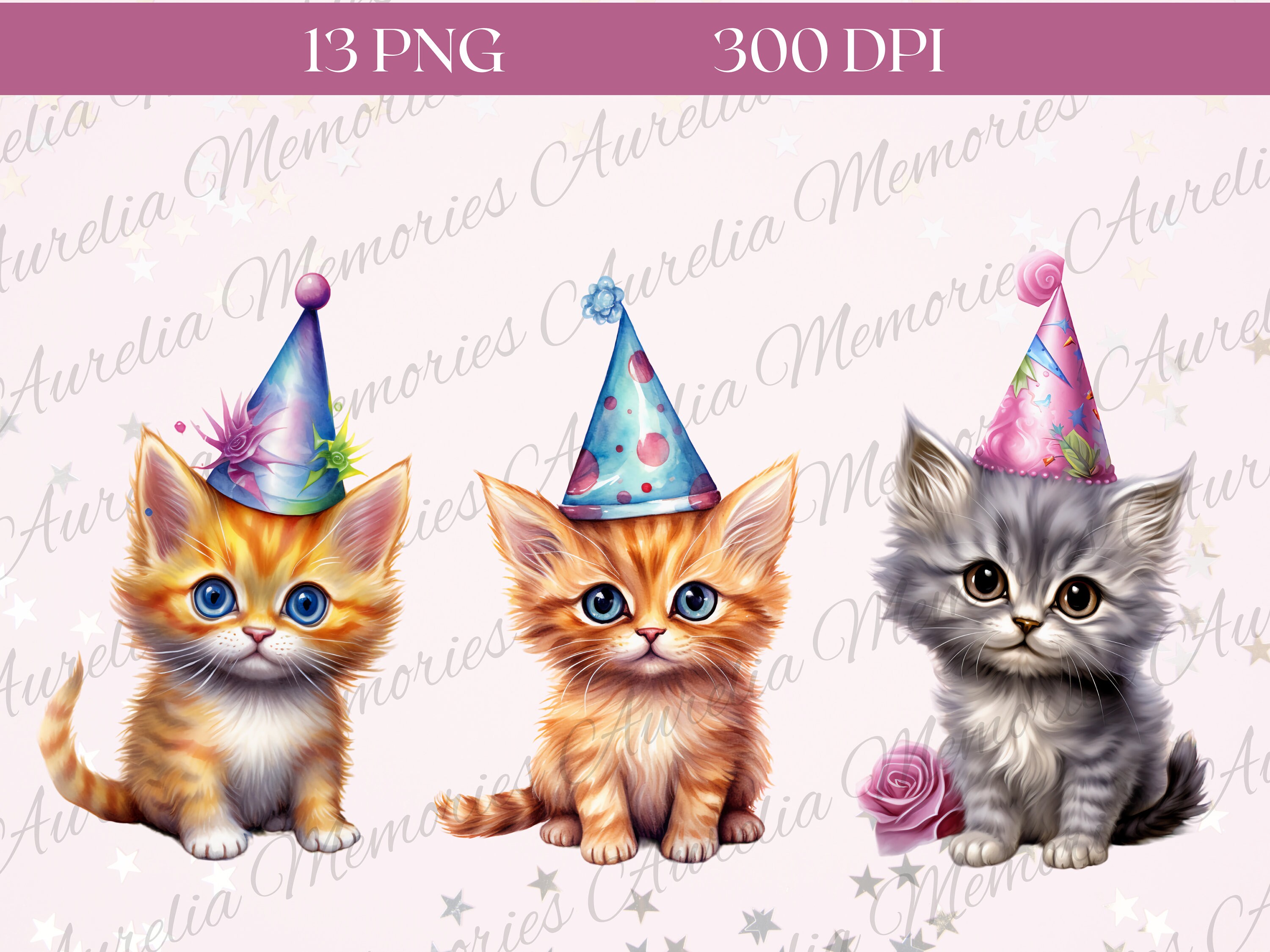 Watercolor Party Cats Clipart 13 PNG Files Birthday Clipart Cat Wearing ...