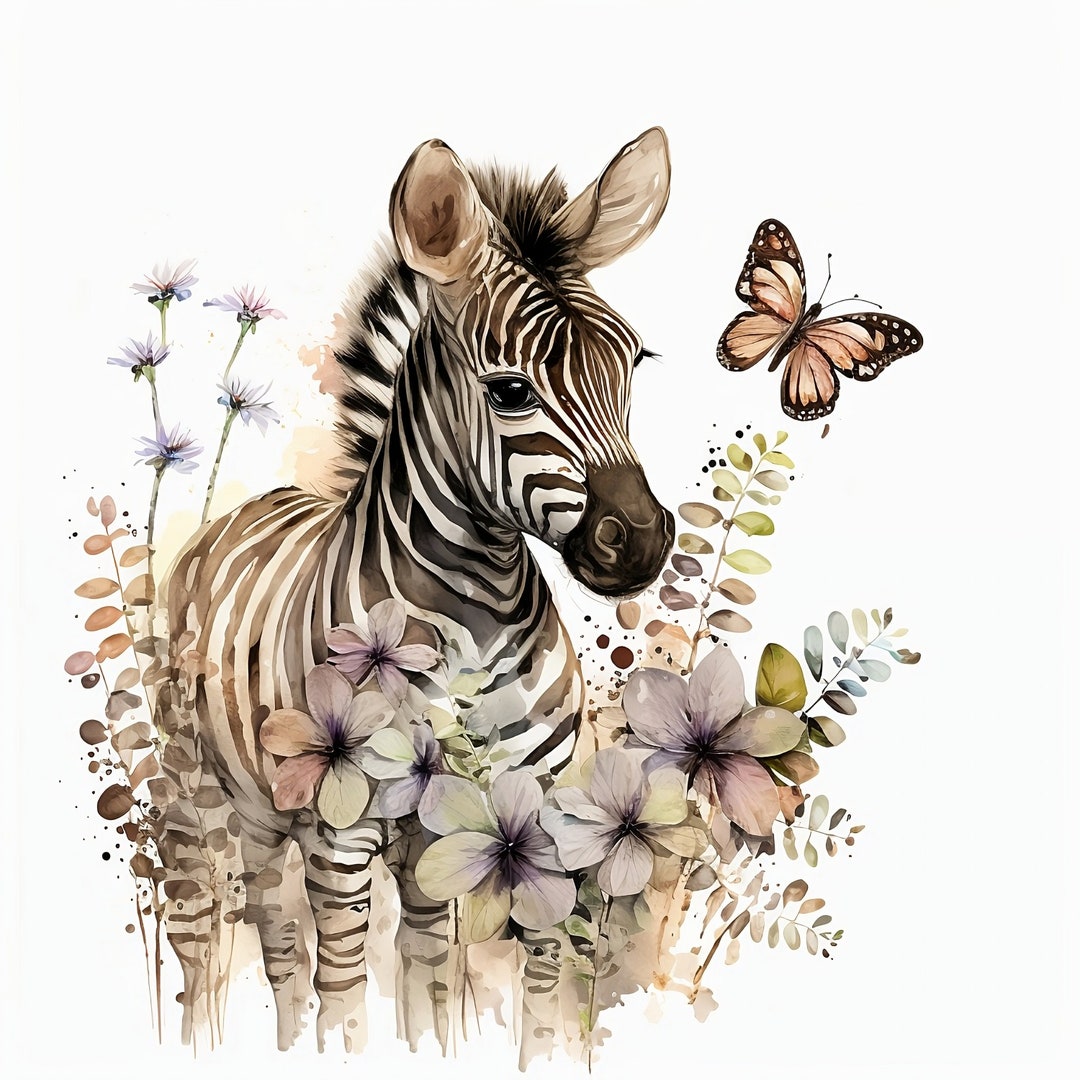 Exotic Zebra in Watercolor Flowers Clipart Digital Download File for ...