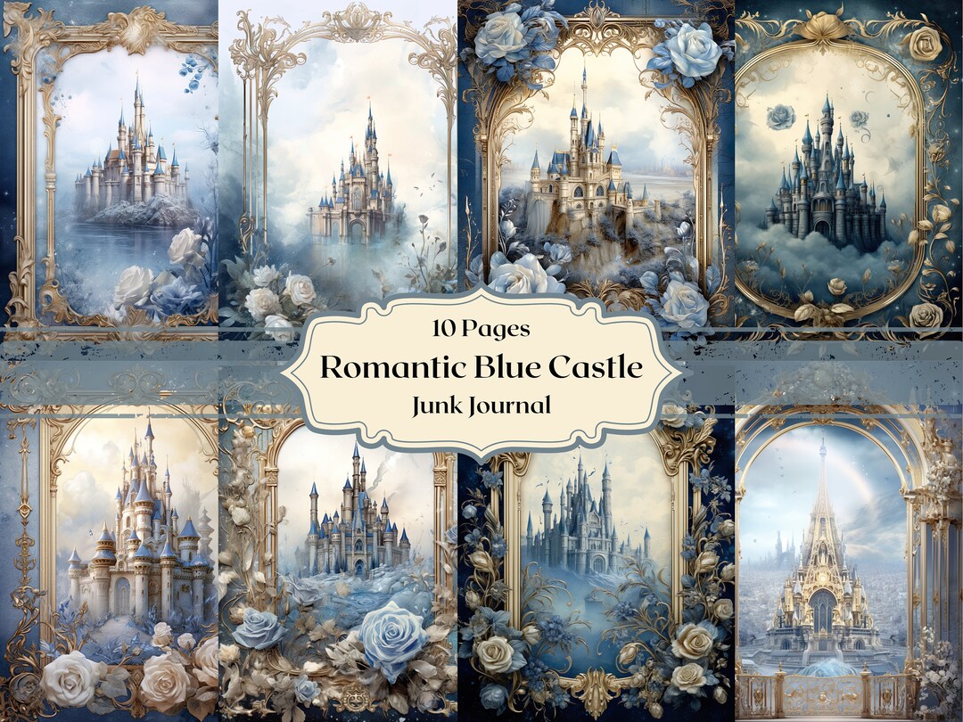 Romantic Blue Castle Digital Paper Castle in Gold Framed Backgrounds ...