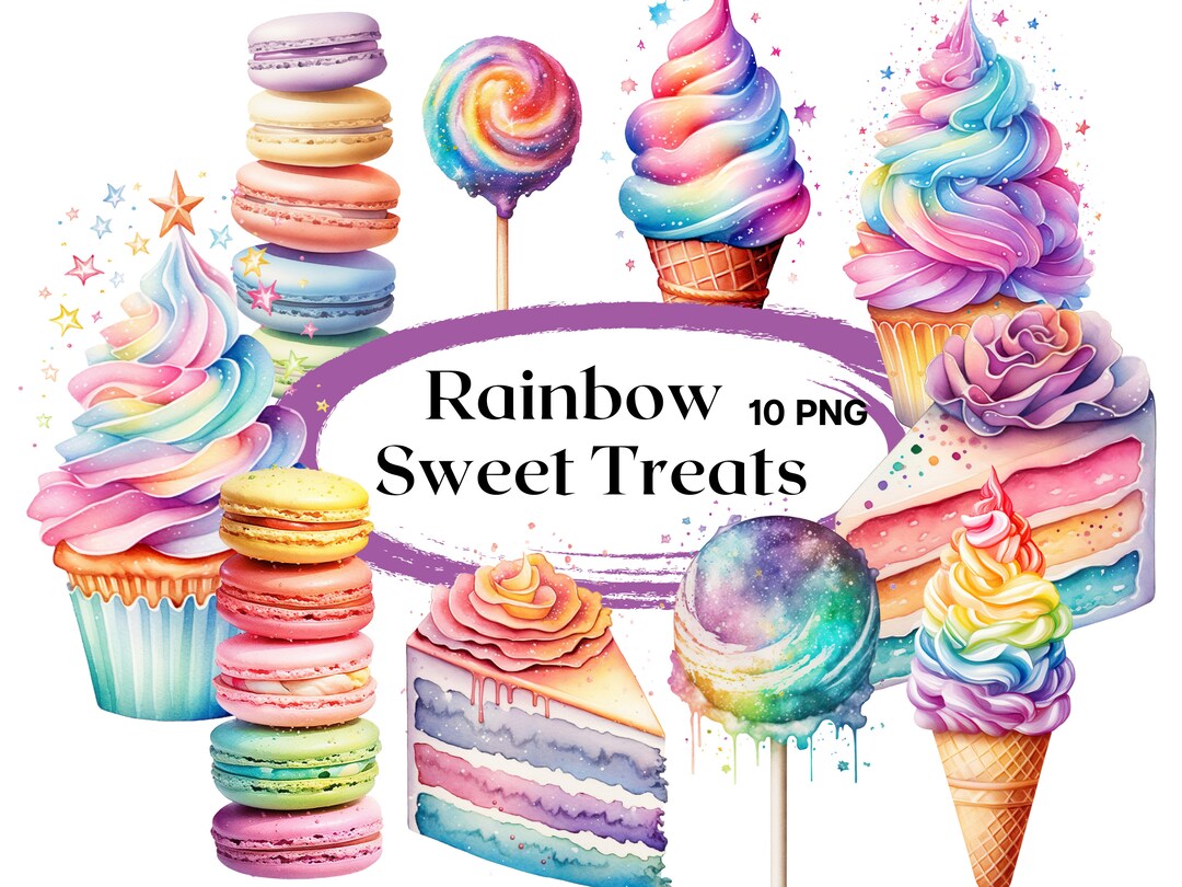 Watercolor Rainbow Sweet Treats Clipart 10 PNG Files Candy Donat ...