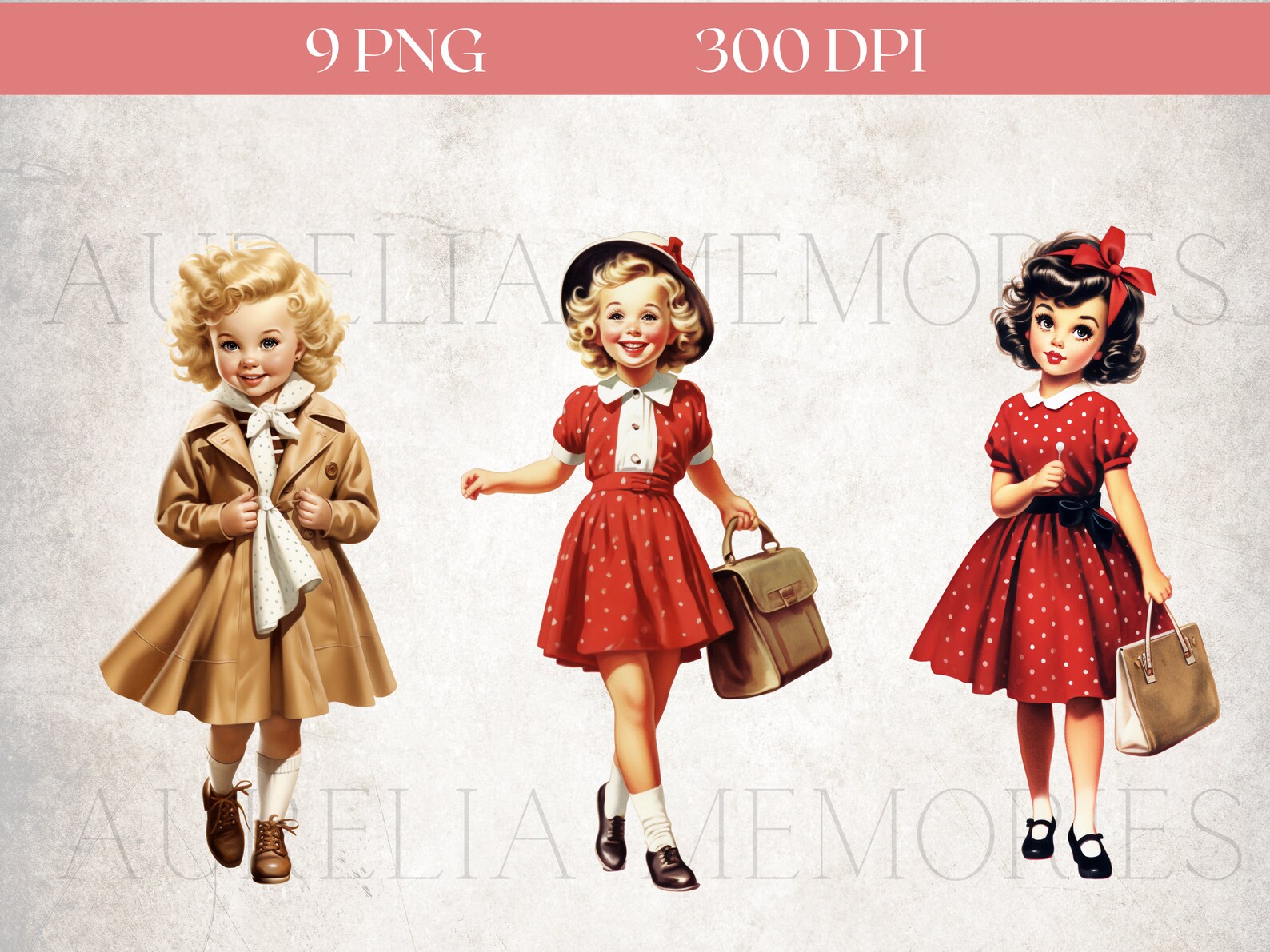Retro Little Girls Clipart Watercolor 9 PNG Files Vintage Girls Clipart ...