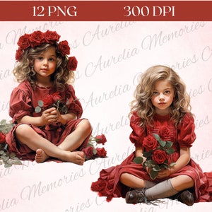 Vintage Girls Red Roses 12 PNG Files Little Girls With Ruby Red Dress ...