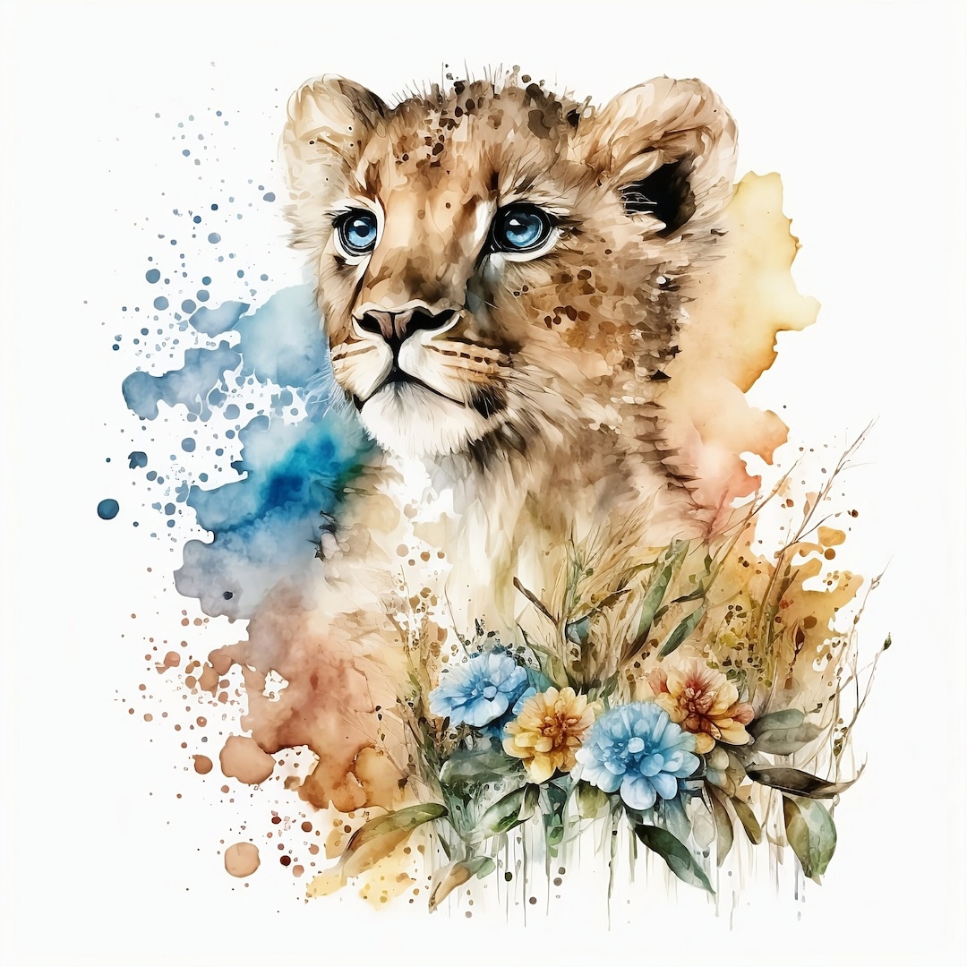Majestic Lion in Watercolor Flowers Clipart Digital Download File for ...