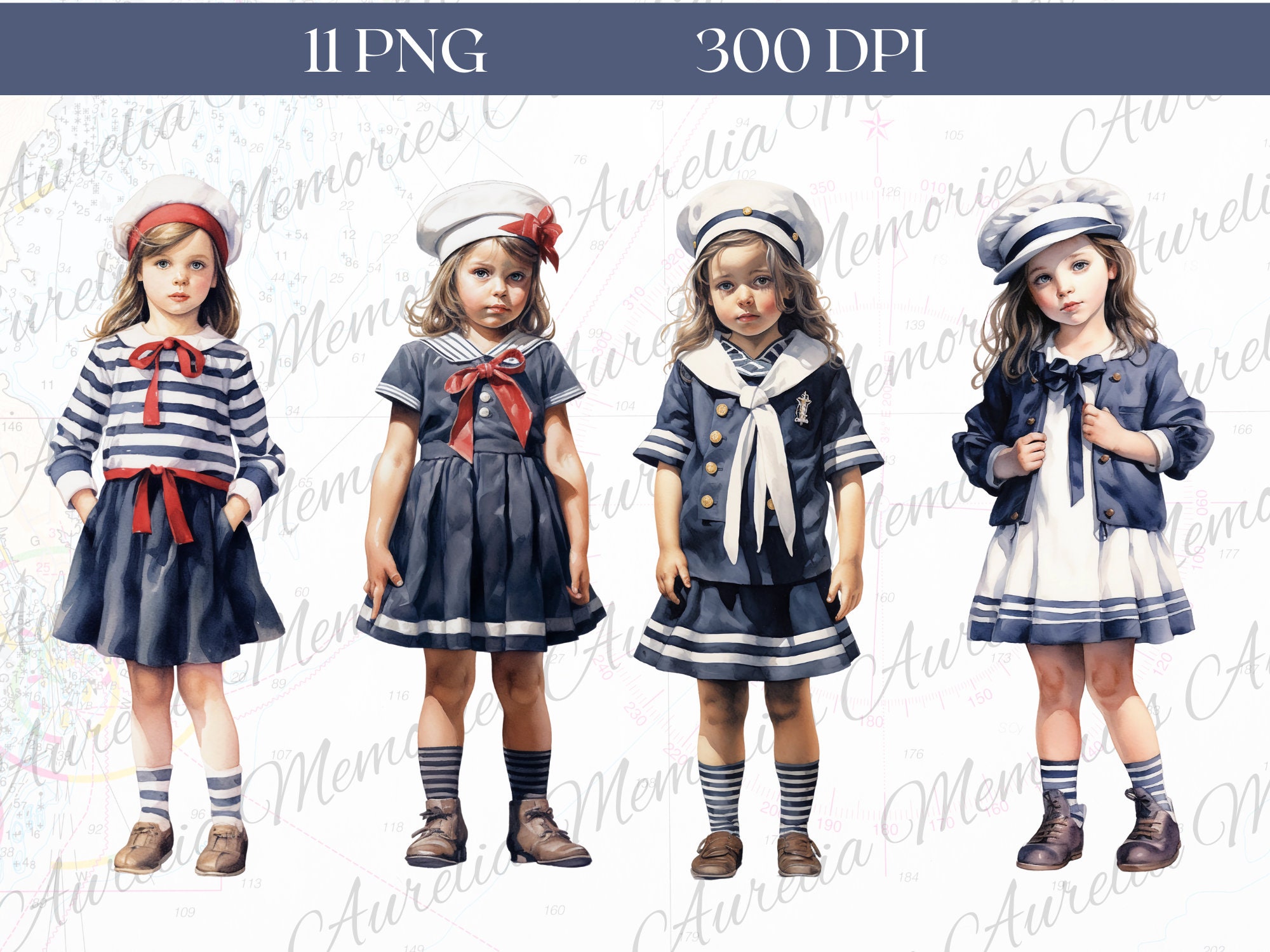 Nautical Little Girl Clipart Vintage Watercolor 11 PNG Files Anchor ...