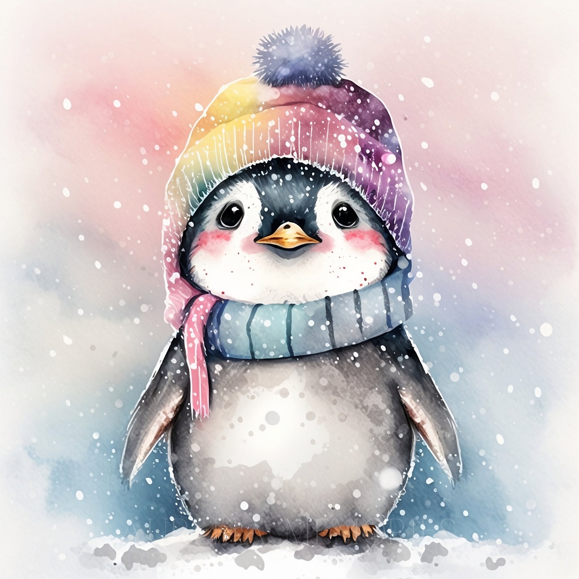 Penguin Watercolor Clipart Nursery Decor Penguin With Hat Watercolor ...
