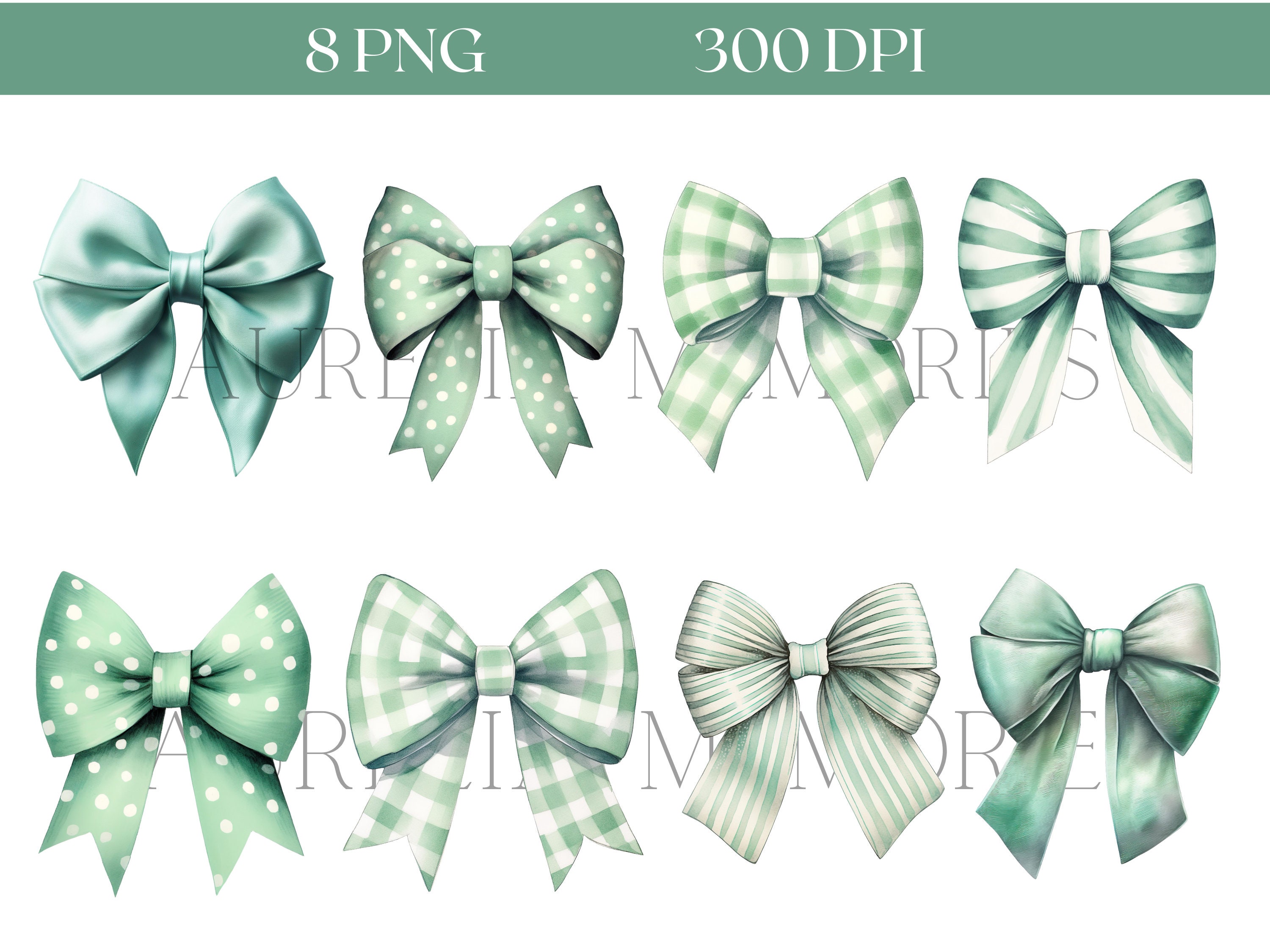 Watercolor Mint Bows Clipart 8 PNG Files Mint Green Satin Bow Plaid Bow ...