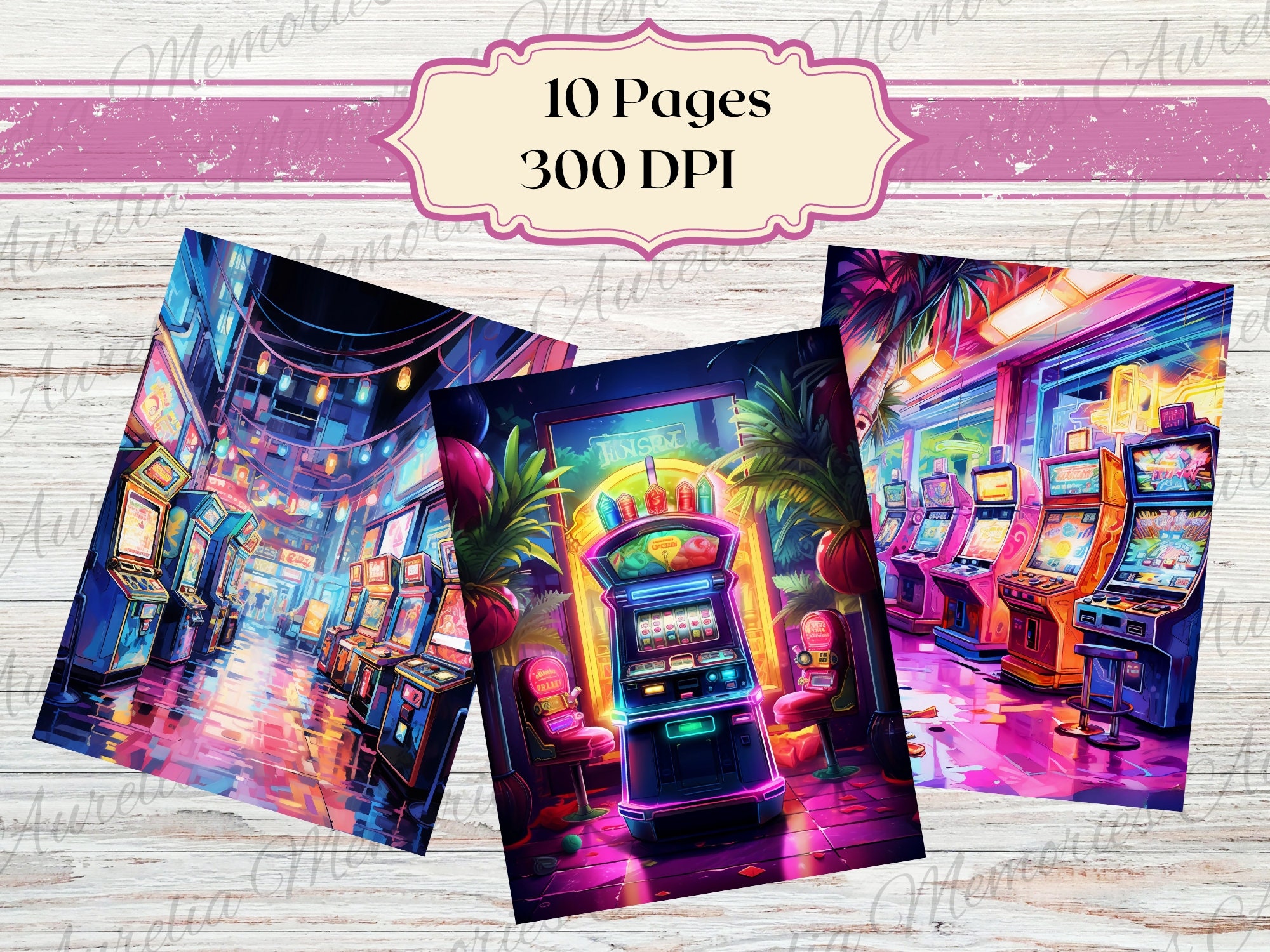 Retro Neon Arcade Digital Paper Printable Watercolor Arcade Paper ...