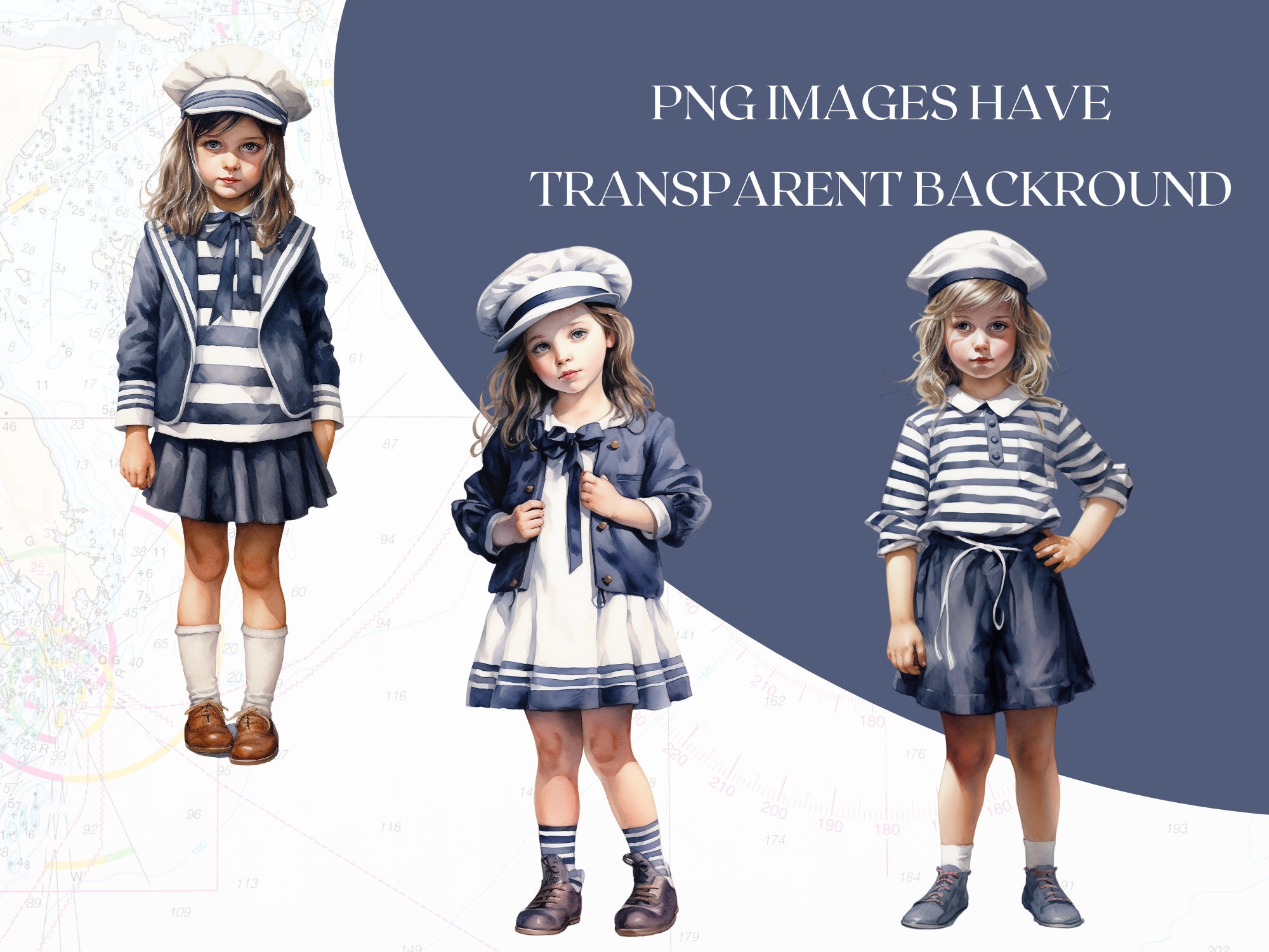 Nautical Little Girl Clipart Vintage Watercolor 11 PNG Files Anchor ...
