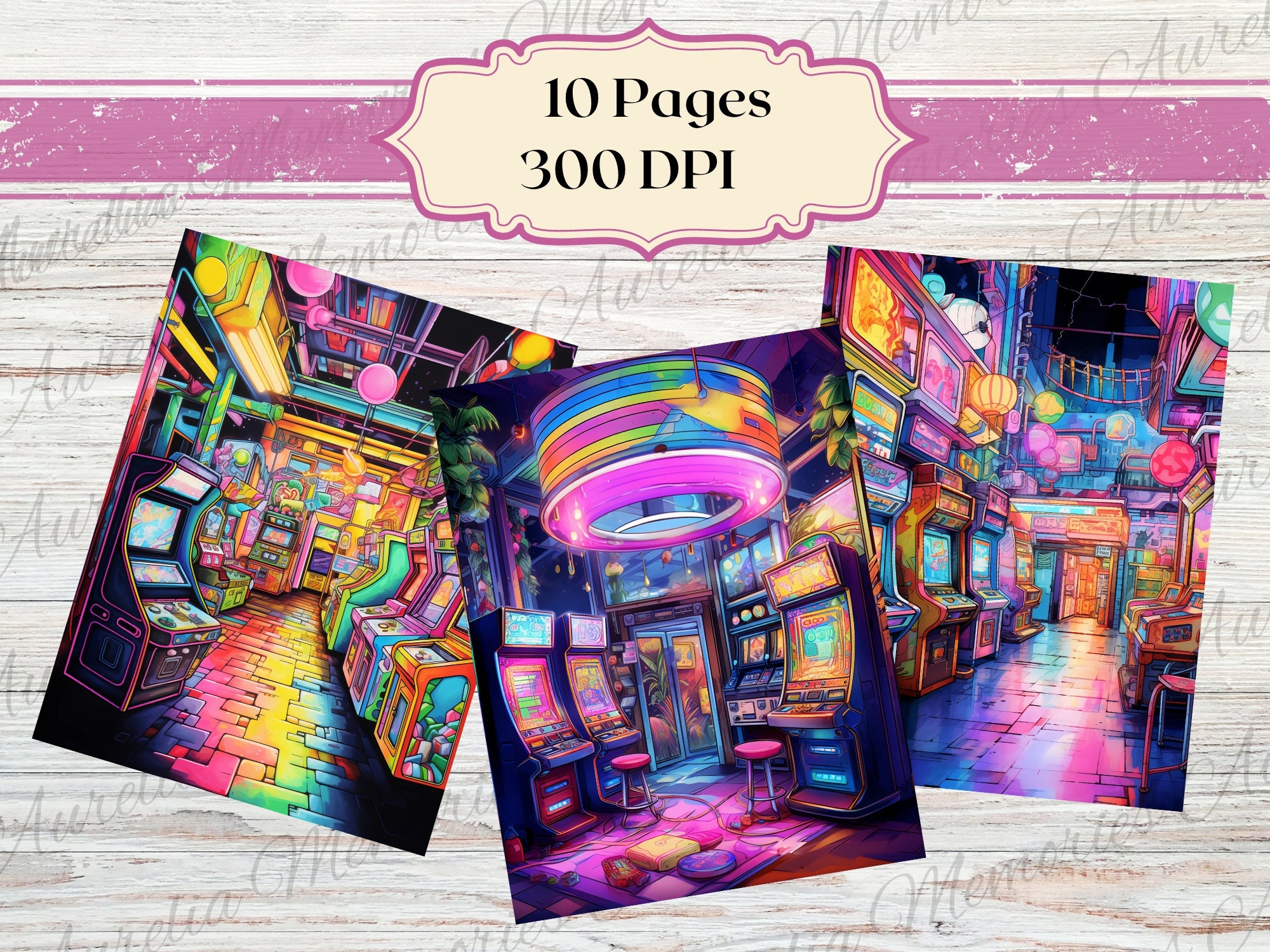 Retro Neon Arcade Digital Paper Printable Watercolor Arcade Paper ...