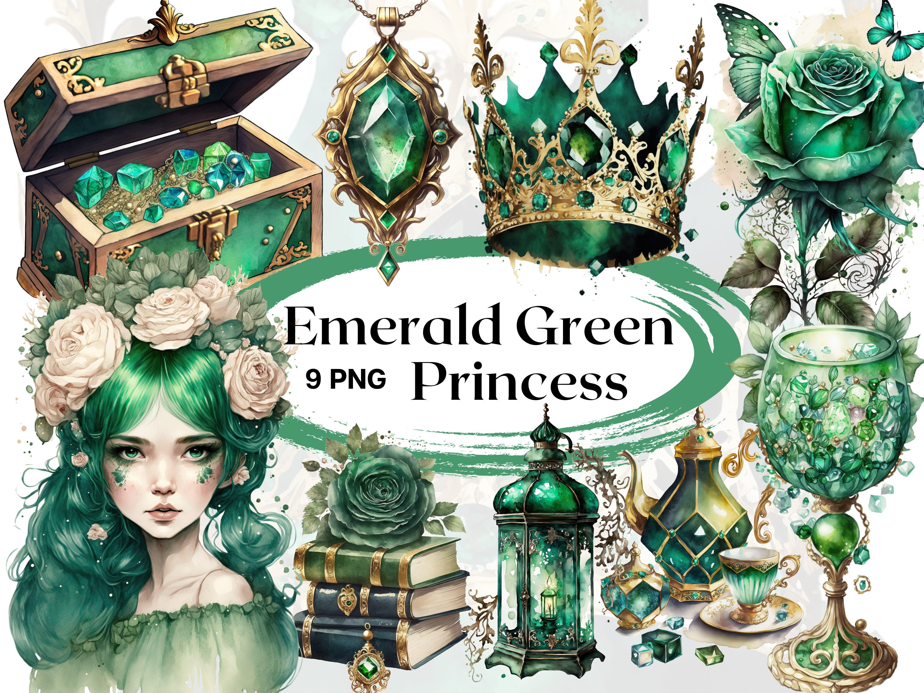 Emerald Green Princess Watercolor Clipart 9 High Quality PNG Files ...