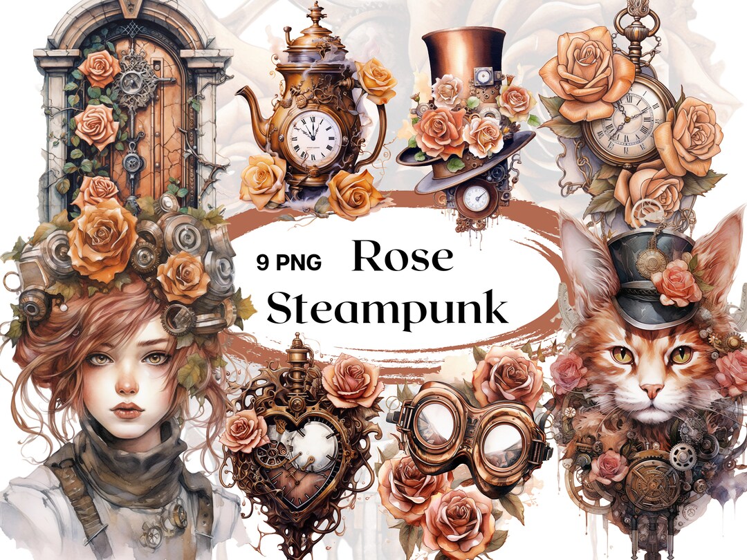 Watercolor Roses Steampunk Clipart 9 PNG Files Fantasy Clipart ...
