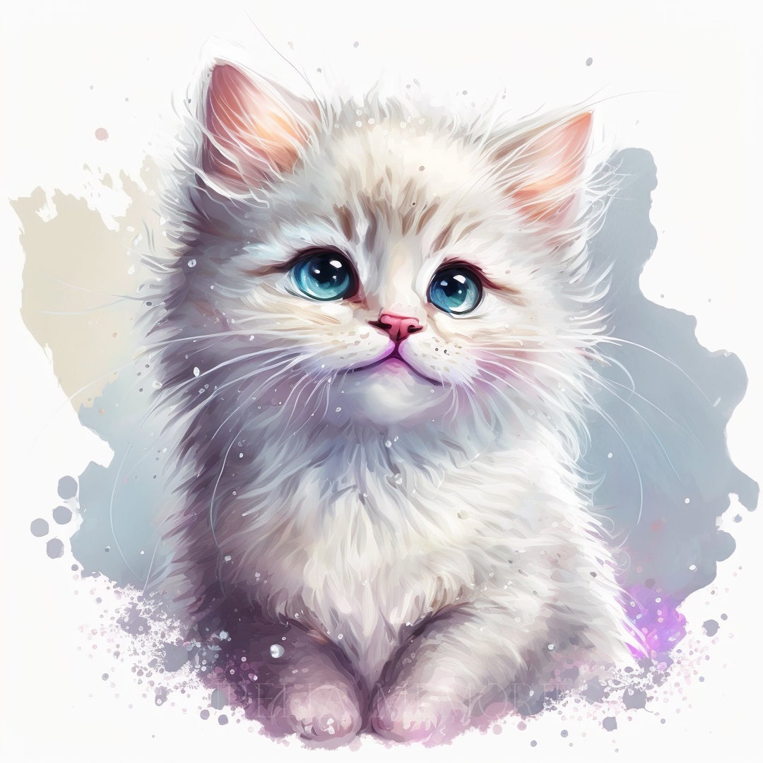 Cat Watercolor Clipart Nursery Decor Baby White Cat Watercolor Cute ...