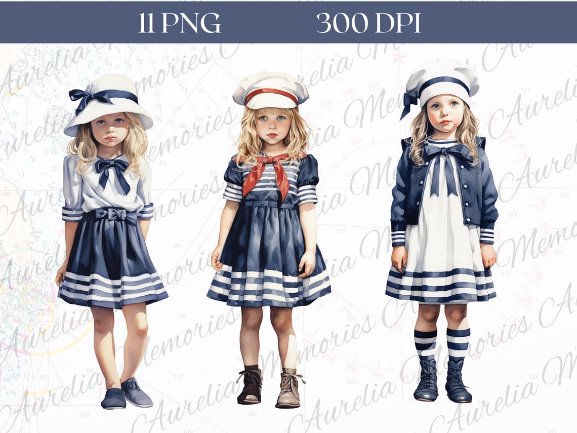 Nautical Little Girl Clipart Vintage Watercolor 11 PNG Files Anchor ...