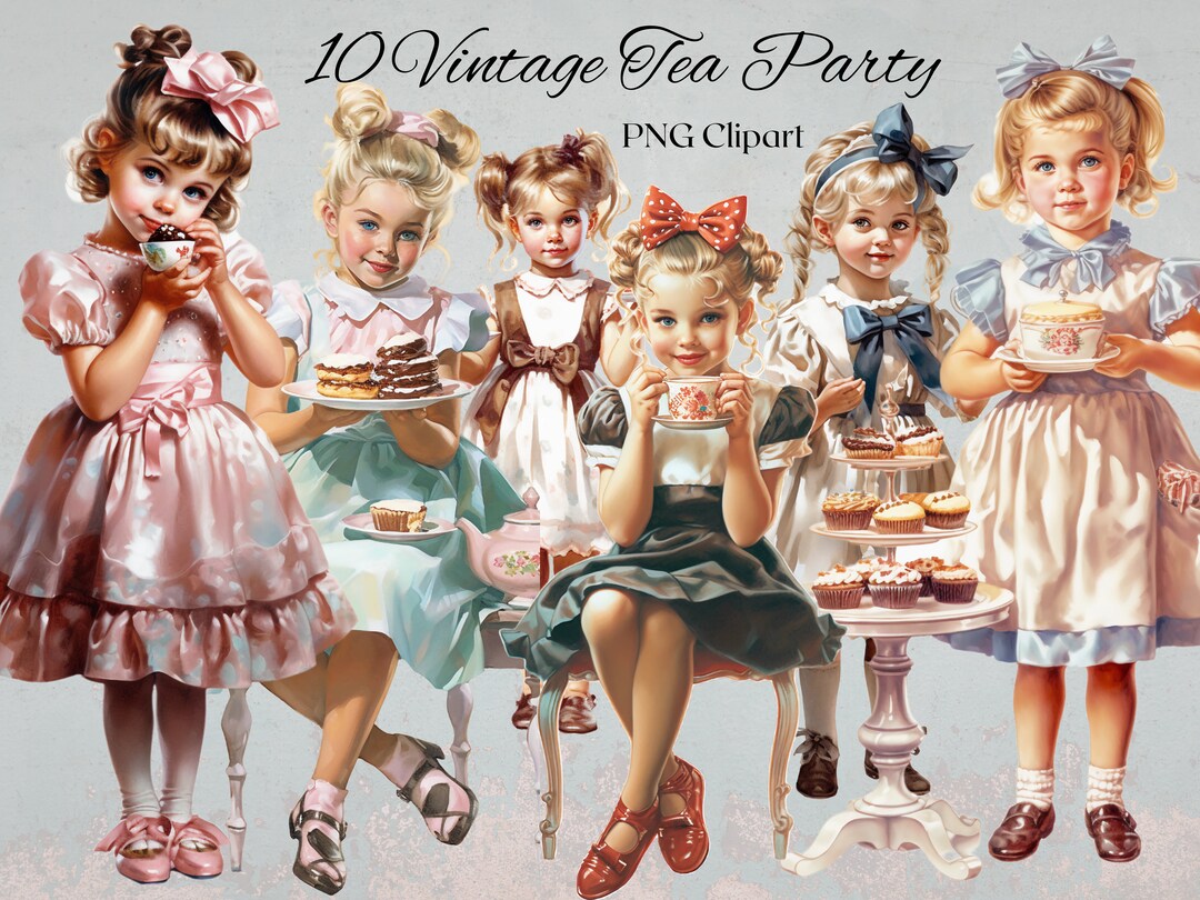 Vintage Little Girls Tea Party Clipart 10 PNG Files Watercolor Girls ...